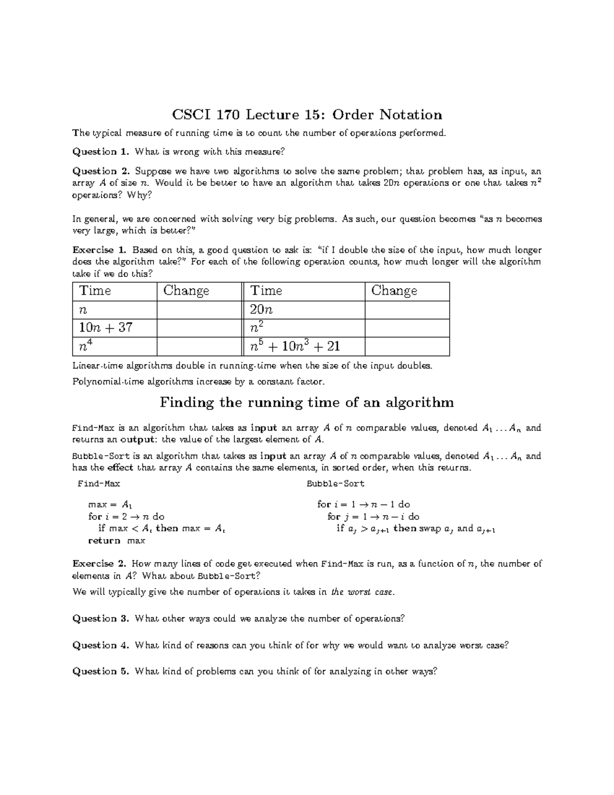 170handout 15 order notation - CSCI 170 Lecture 15: Order Notation The ...