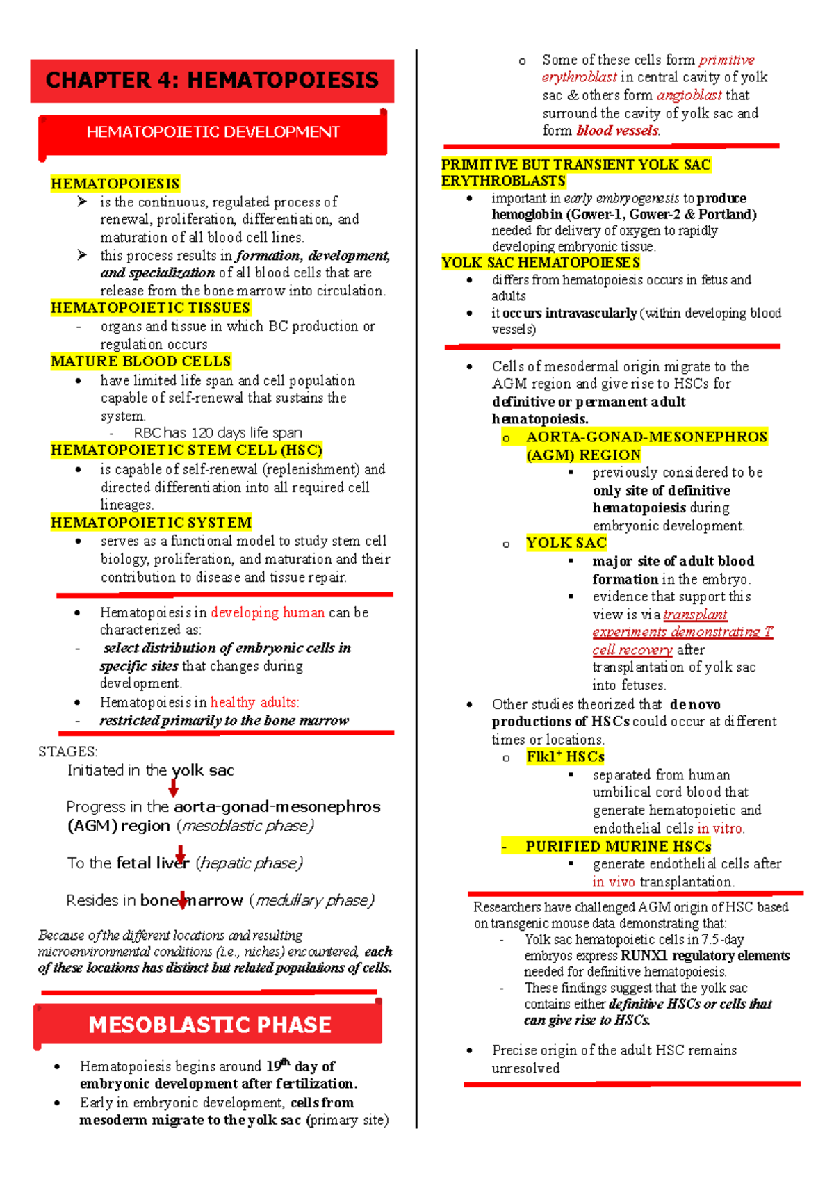Chapter 4 HEMA - Lecture Notes - HEMATOPOIESIS is the continuous ...
