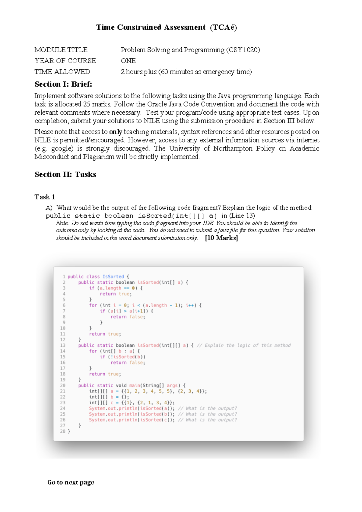 TCA2-CSY1020 - Assignment Java - Time Constrained Assessment (TCAé) MODULE TITLE Problem Solving ...