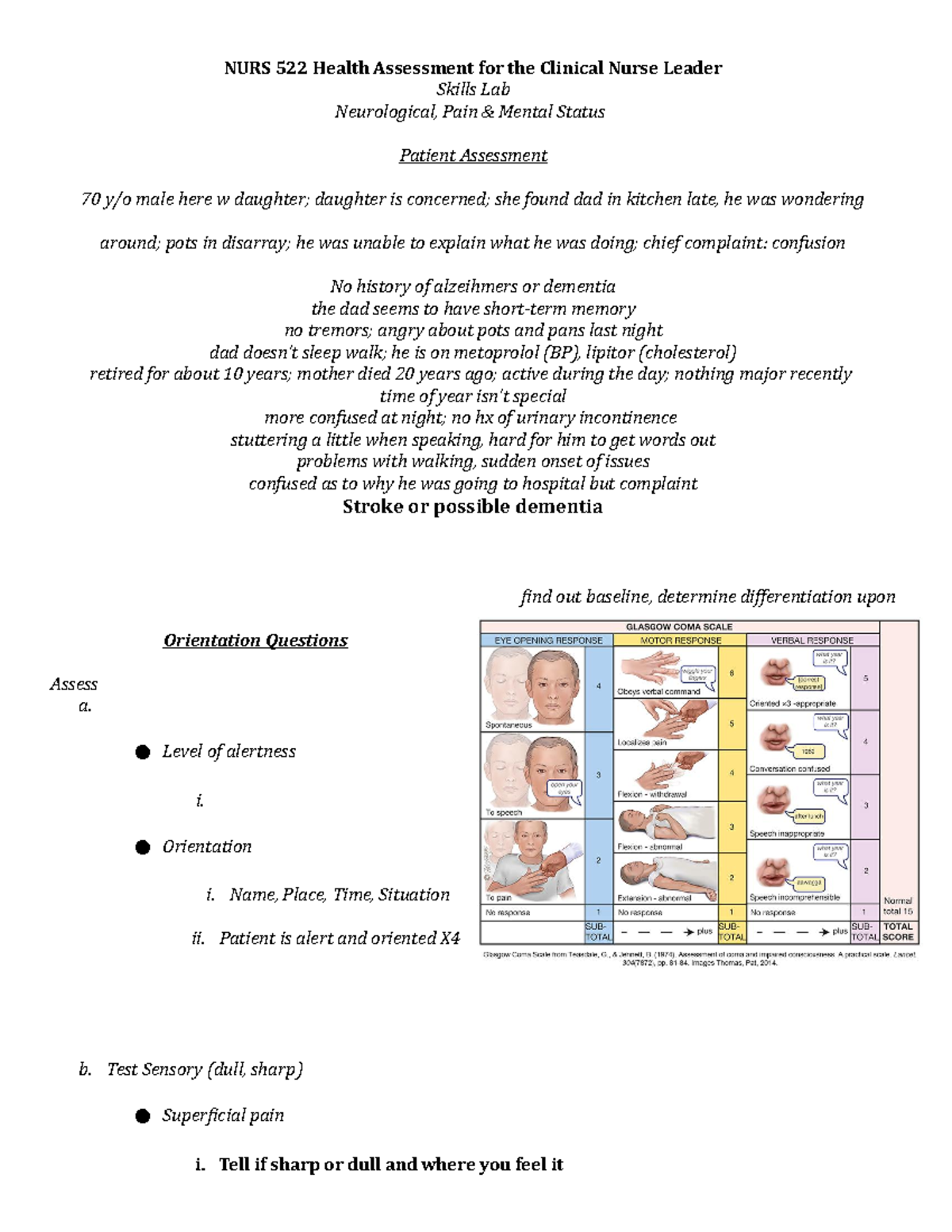Neurological Skills Worksheet - NURS 522 Health Assessment for the ...