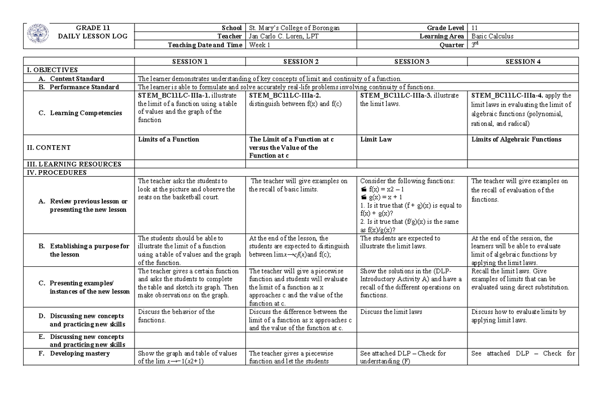 Week 1 - GRADE 11 DAILY LESSON LOG School St. Mary’s College of ...
