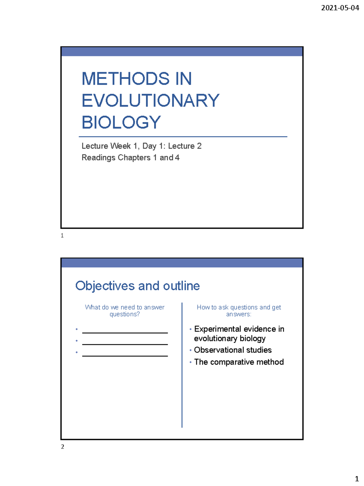 Lecture 2 methods in evolutionary biology - METHODS IN EVOLUTIONARY ...
