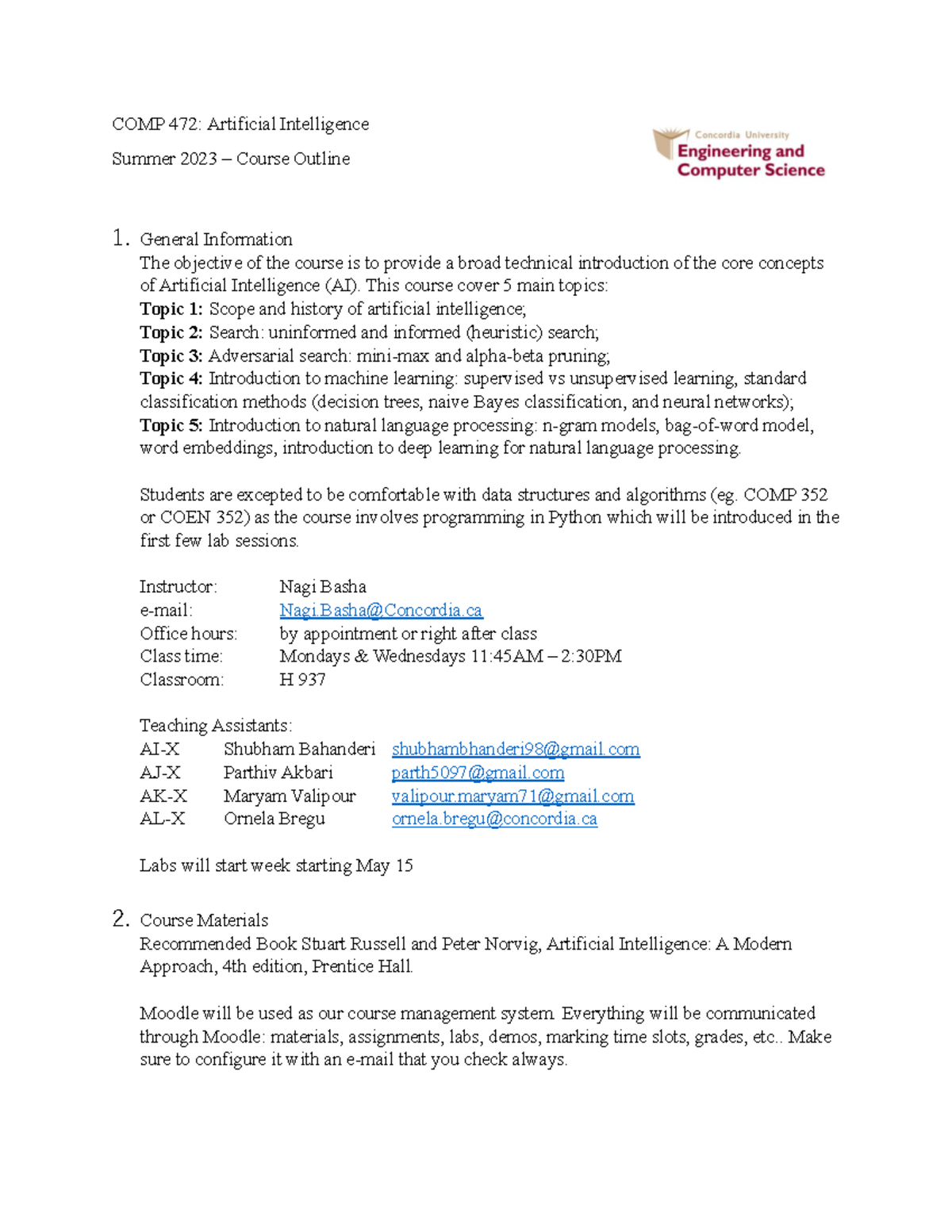 Course Outline - yes - COMP 472: Artificial Intelligence Summer 2023 ...