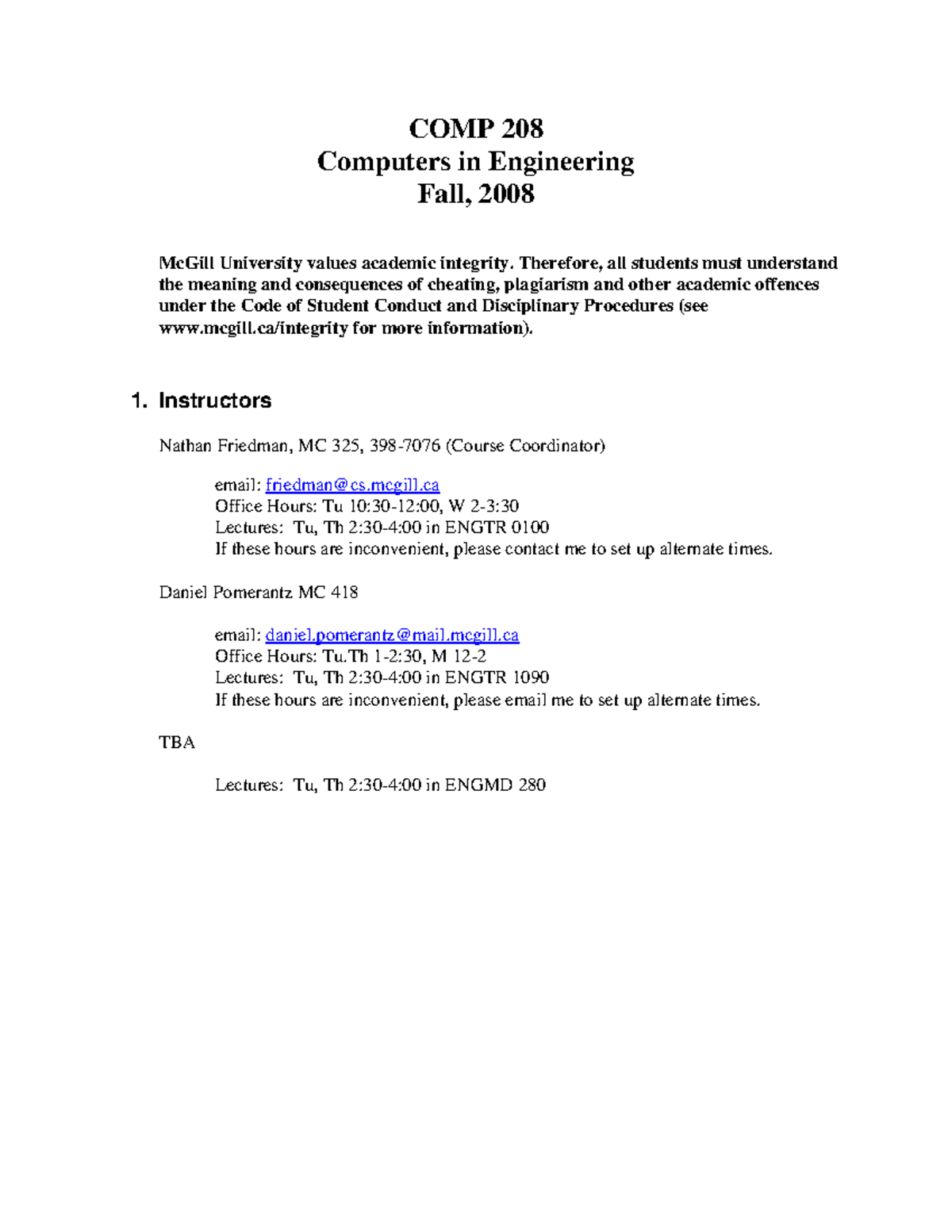 Syllabus - Practice/Exam - COMP 208 Computers in Engineering Fall, 2008 ...