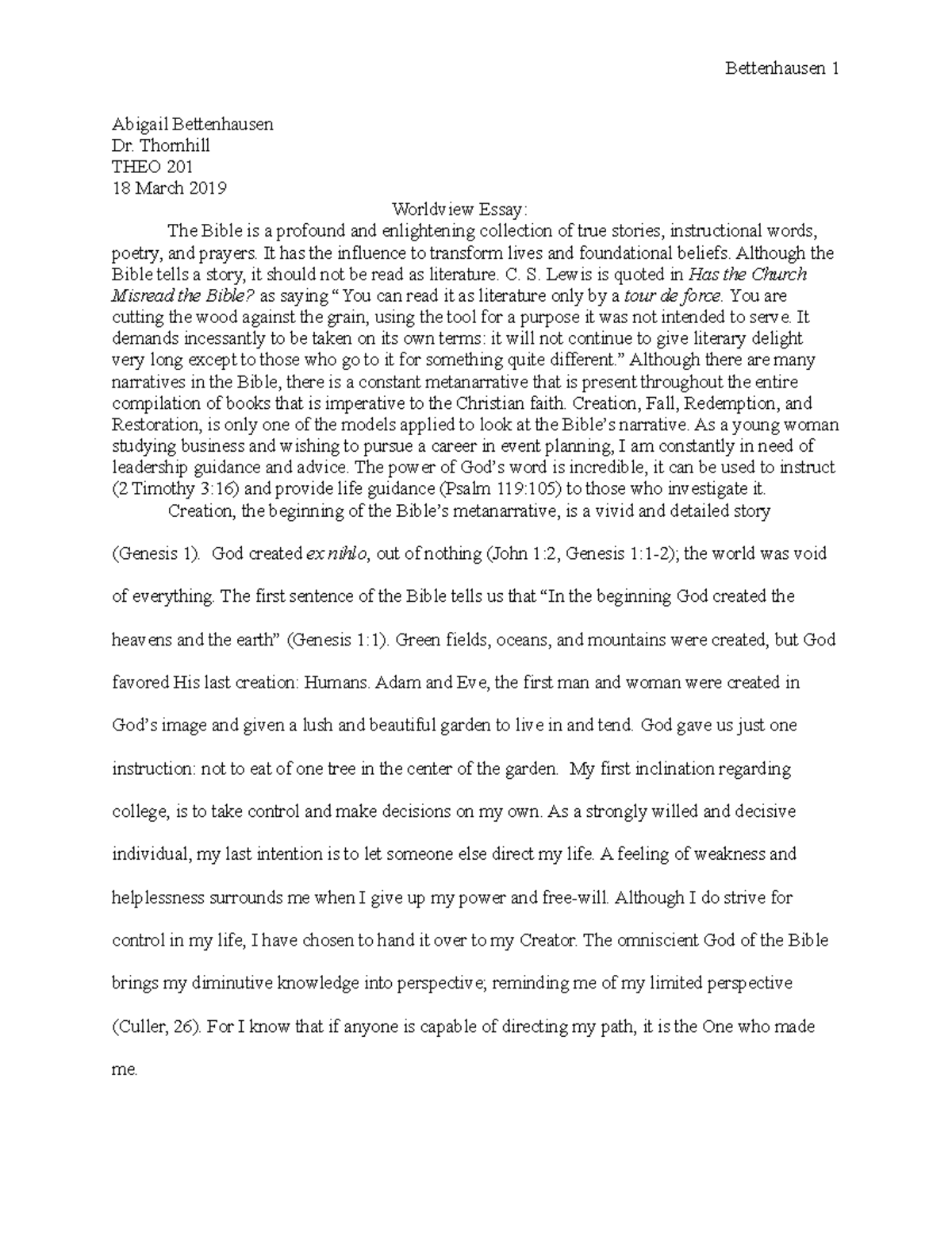THEO 201 - Worldview Essay - Bettenhausen 1 Abigail Bettenhausen Dr ...