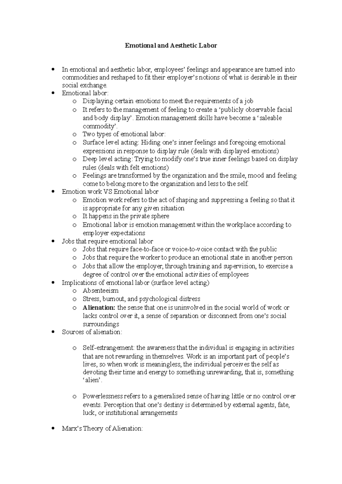 Emotional and Aesthetic Labour - Emotional labor: o Displaying certain ...