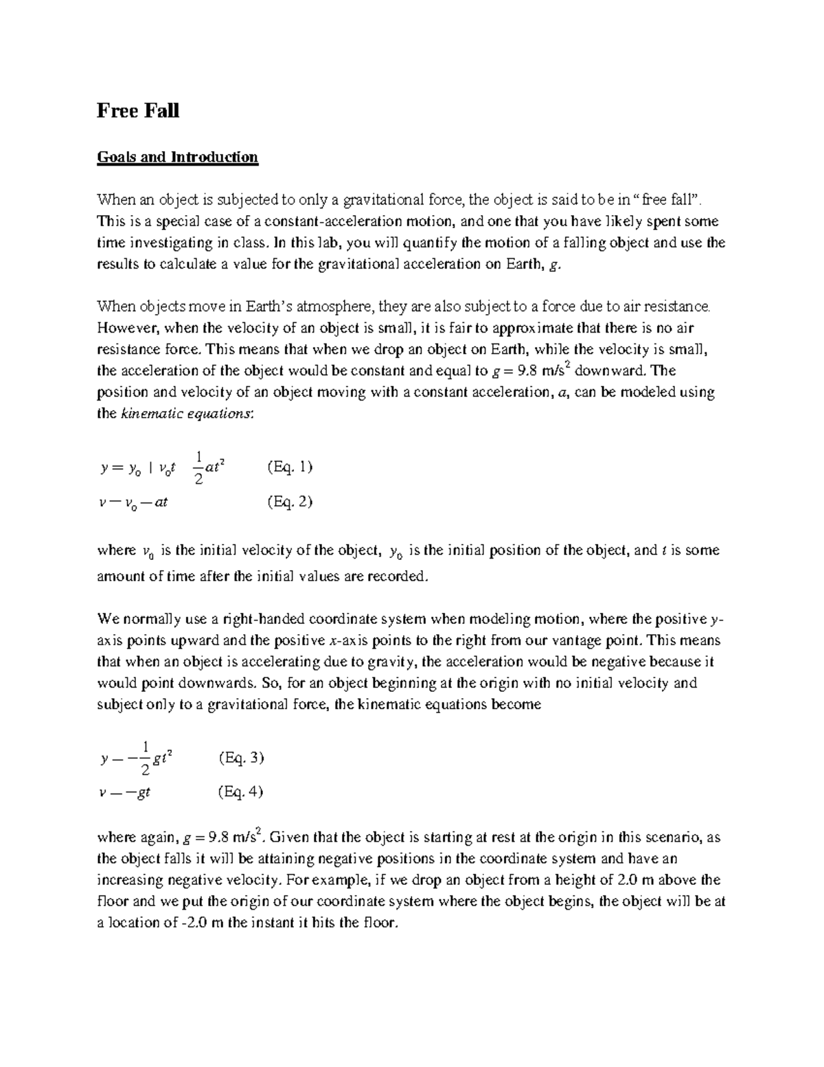 Free Fall - Lab Report - Free Fall Goals and Introduction When an ...