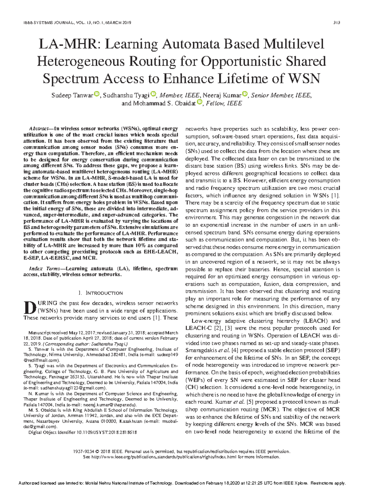 Linear Automata Based Multilevel Heterogeneous Routing - IEEE SYSTEMS JOURNAL, VOL. 13, NO. 1 ...