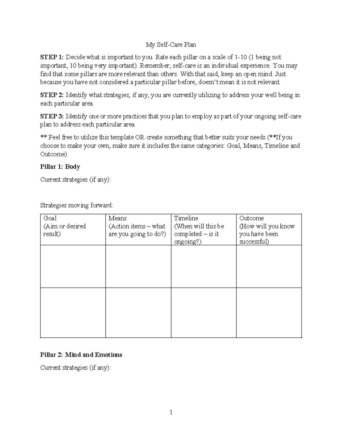 My Self Care Plan Word template - My Self-Care Plan STEP 1: Decide what ...