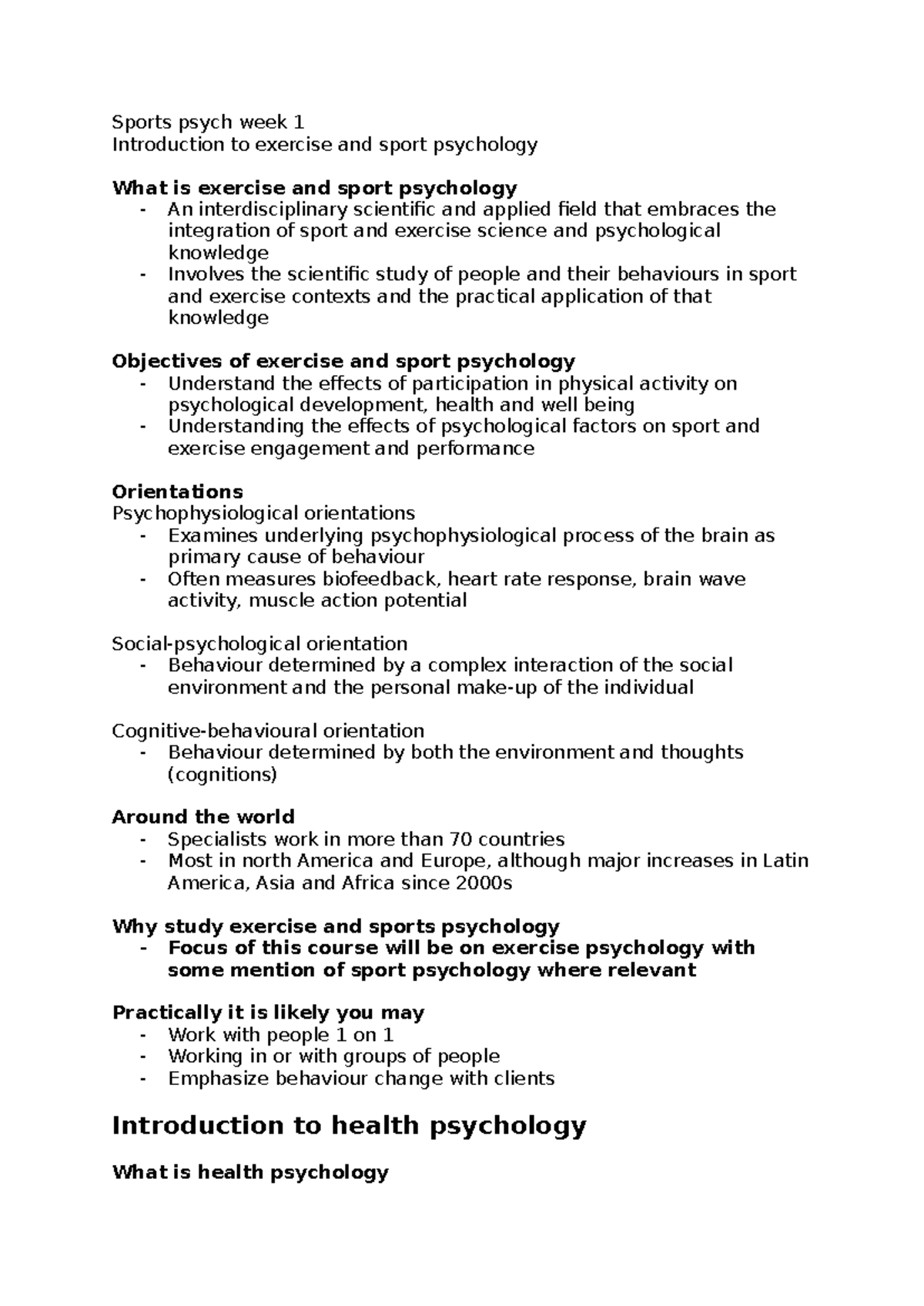 Sports psych week 1 - WEEK 1 NOTES - Sports psych week 1 Introduction ...