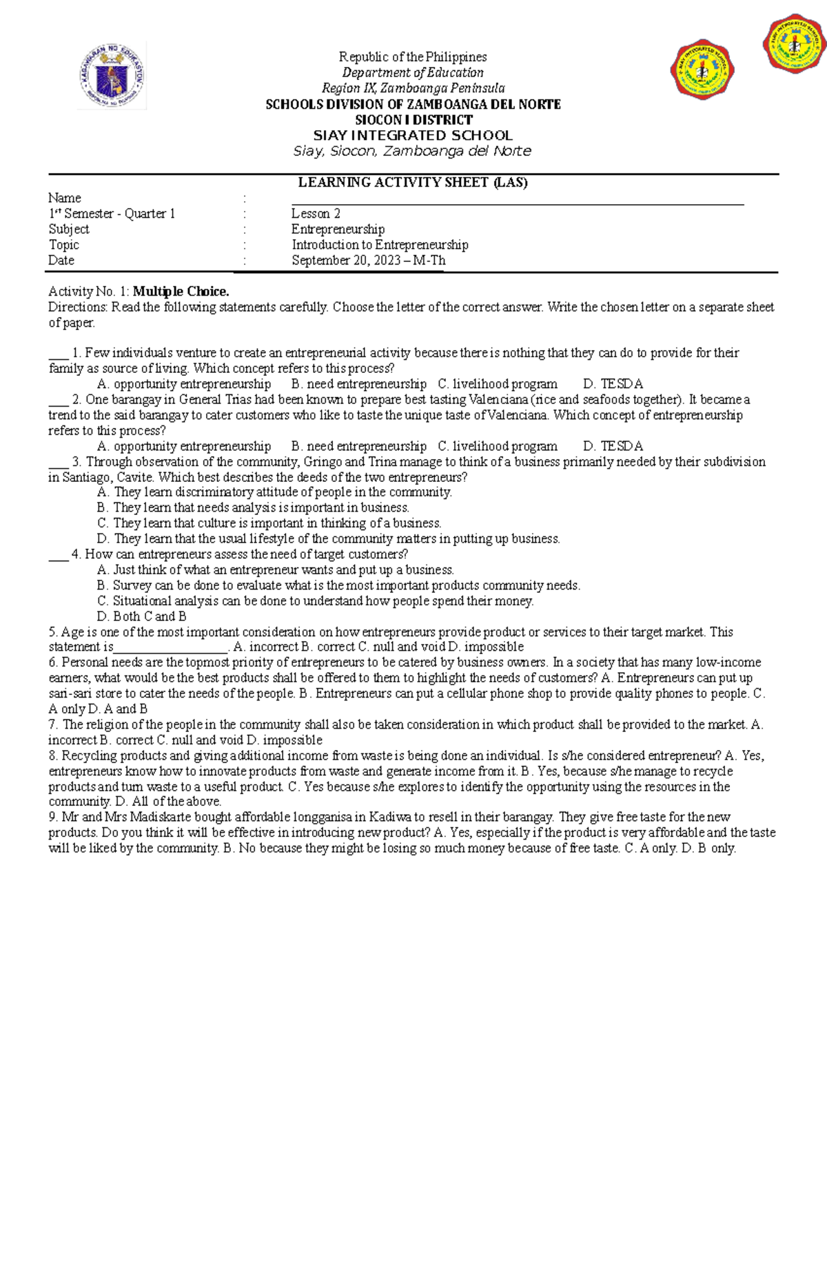 LAS - Learning Activity Sheet - Republic of the Philippines Department ...