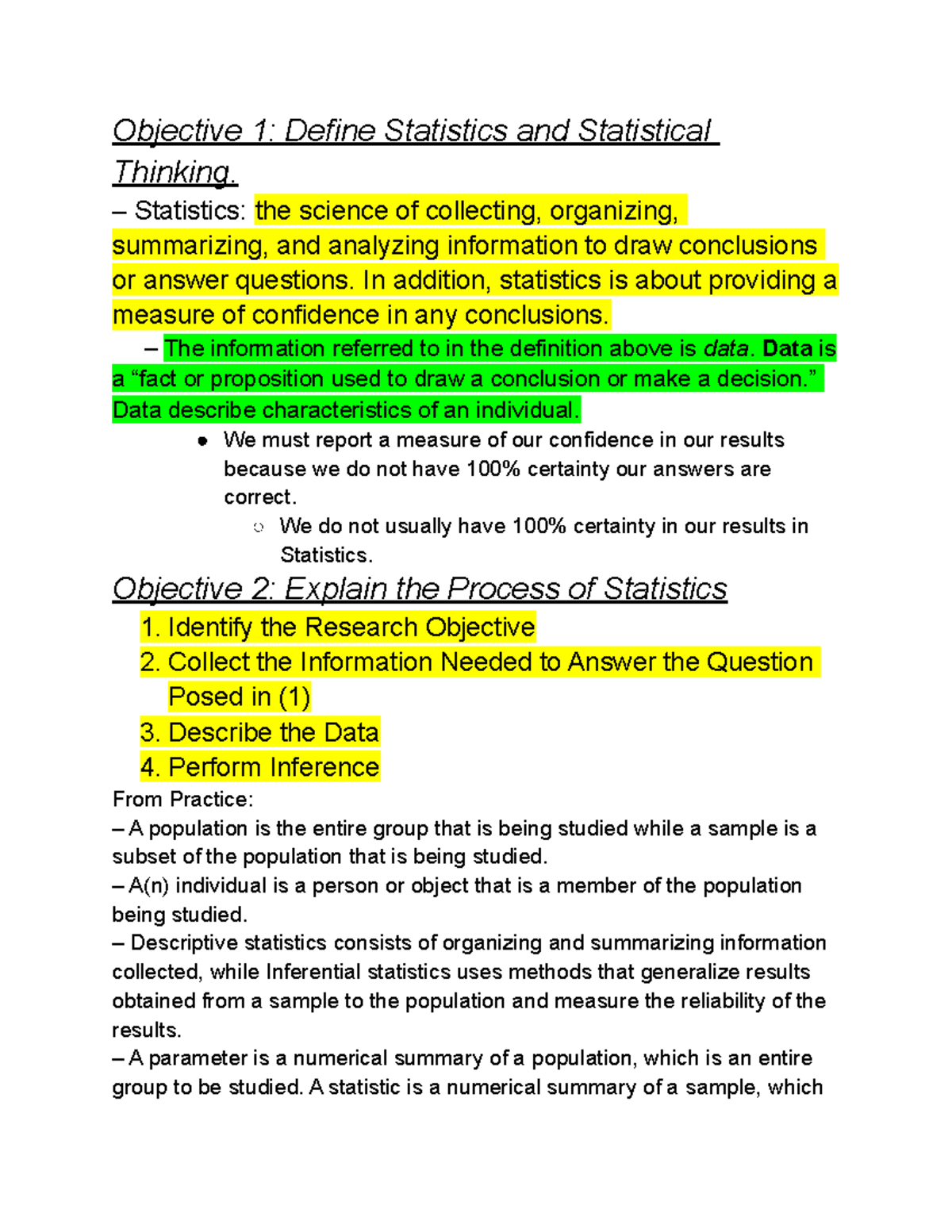 1.1 Notes - Objective 1: Define Statistics and Statistical Thinking ...
