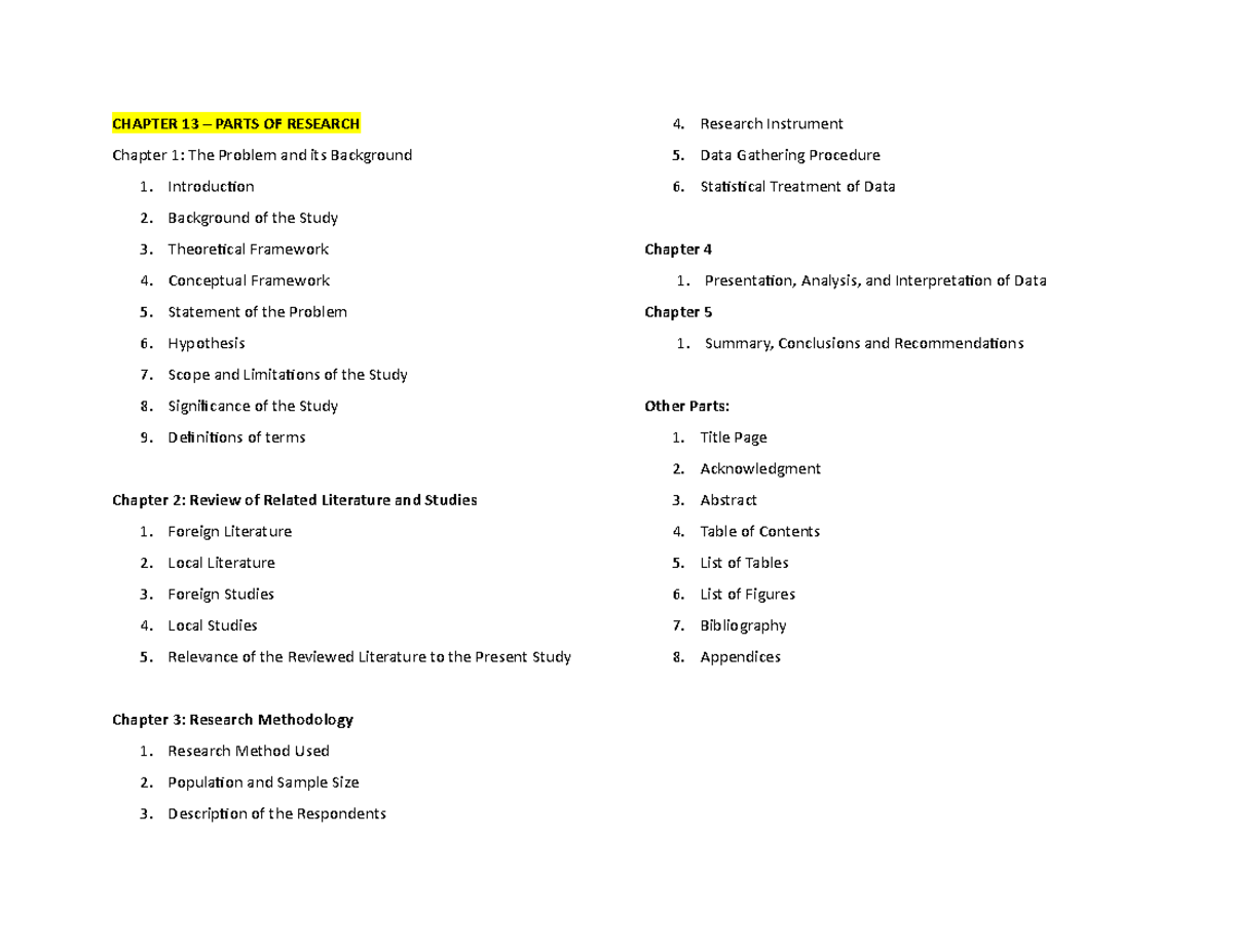 Chapter 13 – Parts of Research GEC 005 - CHAPTER 13 – PARTS OF RESEARCH ...