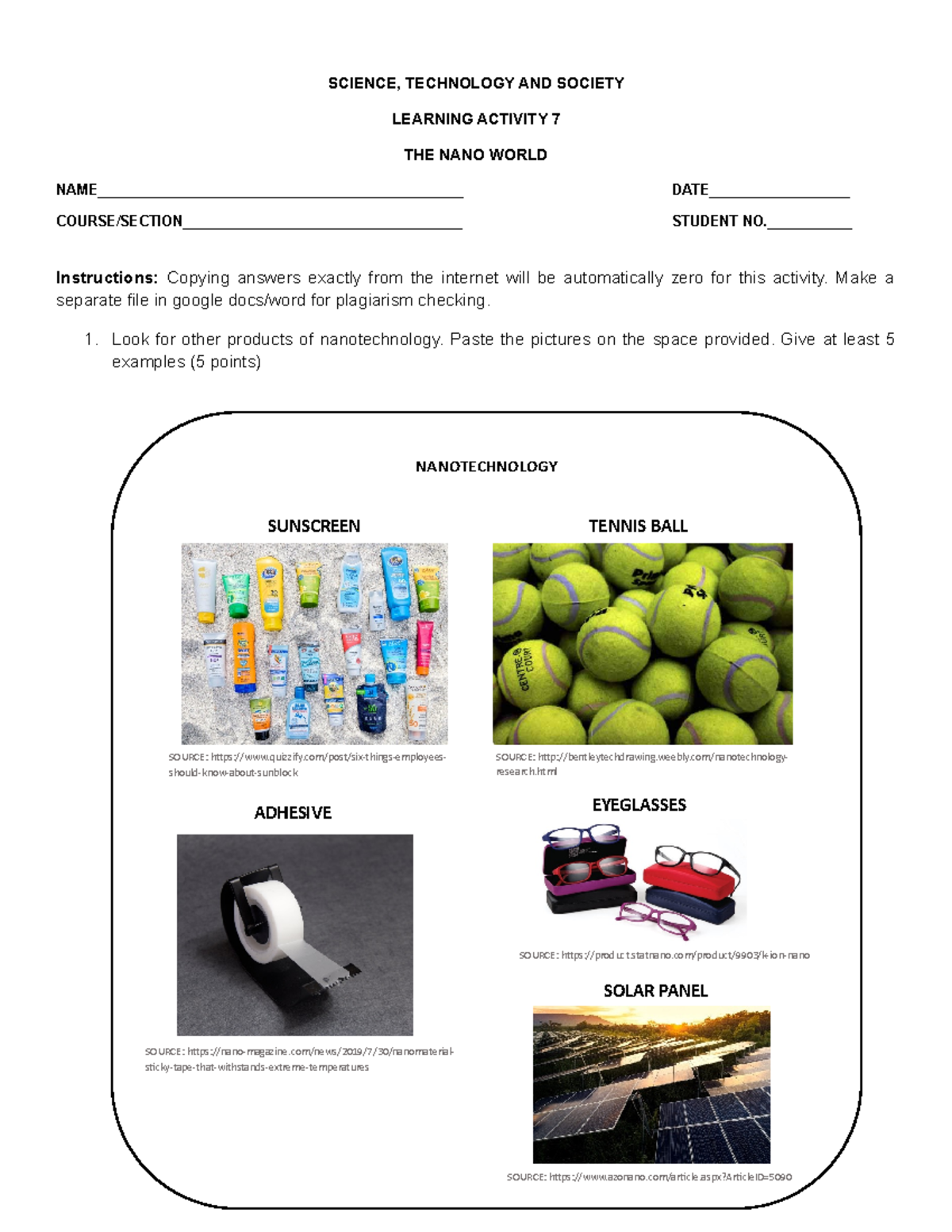 Learning Activity 7 The Nano World STS - SCIENCE, TECHNOLOGY AND ...