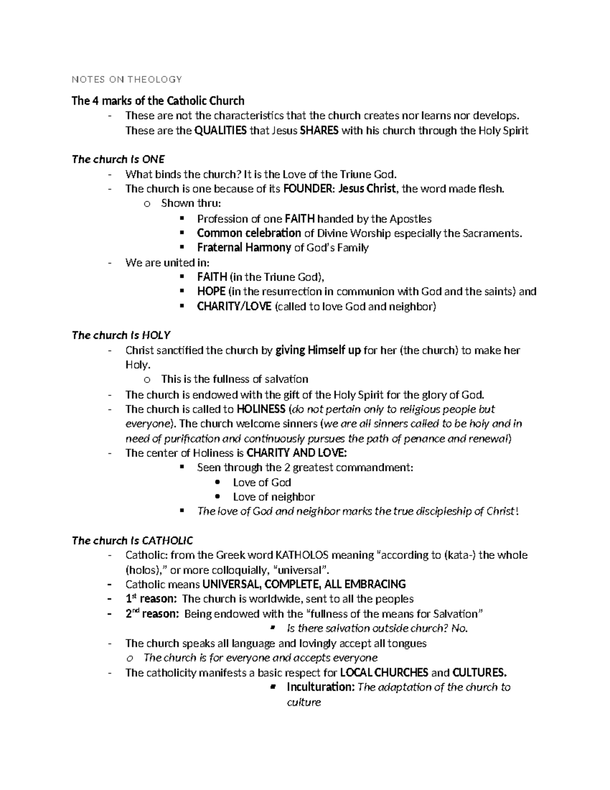 Notes-on-Theology - NOTES ON THEOLOGY The 4 marks of the Catholic ...
