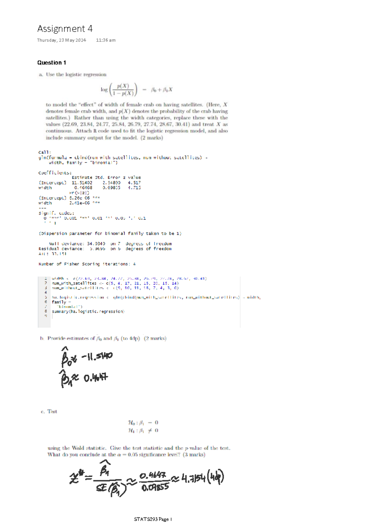 Assignment 4 - Question 1 Assignment 4 Thursday, 23 May 2024 11:36 am As the p value is below a ...
