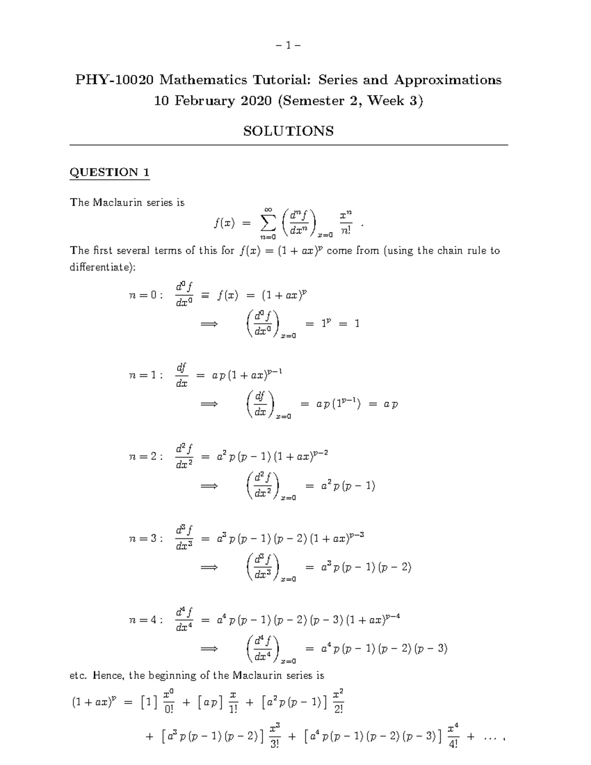 Semester 2 Tutorial 3 2020 Solutions - PHY-10020 Mathematics Tutorial ...