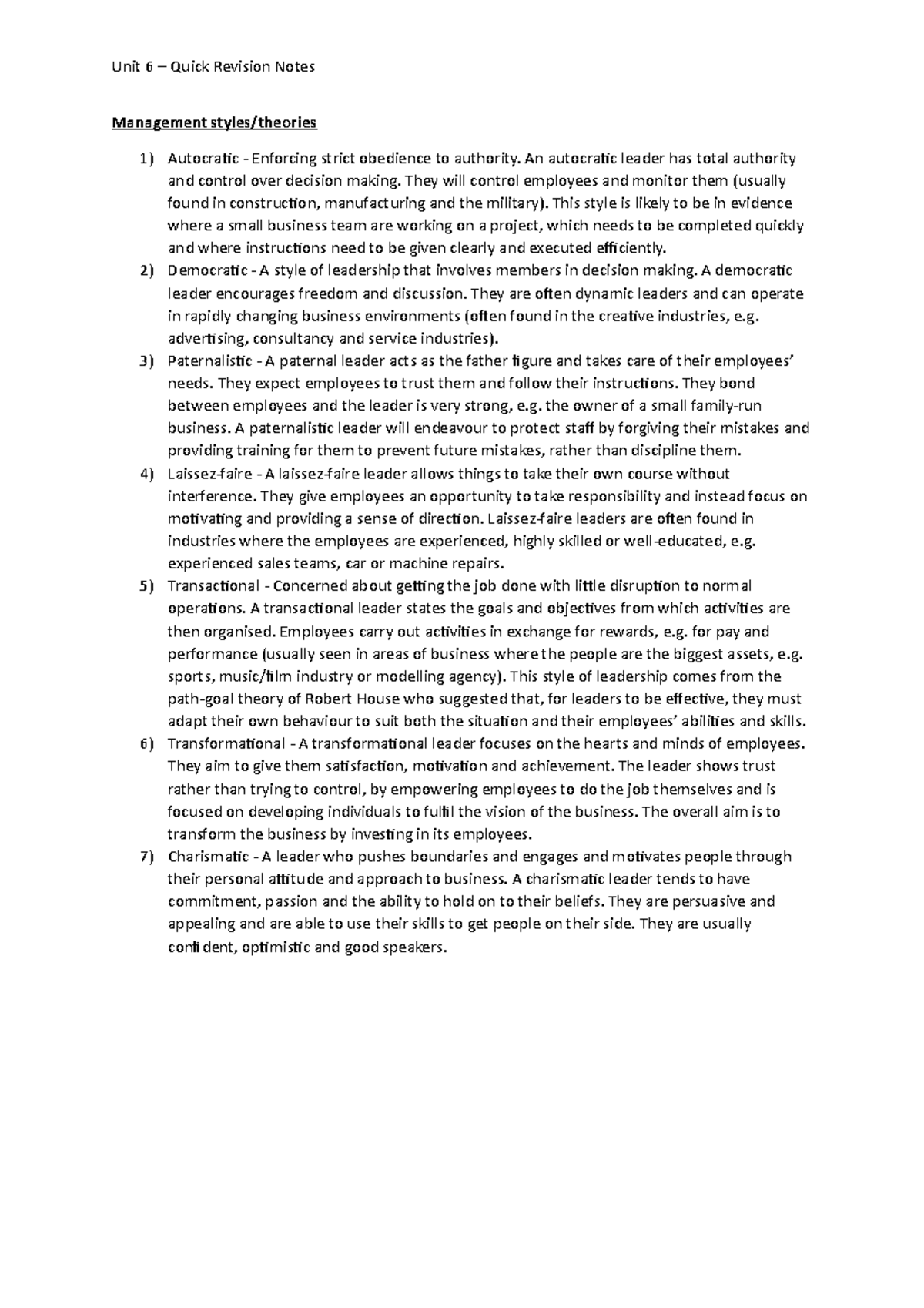 3. Management styles - Unit 6 – Quick Revision Notes Management styles ...