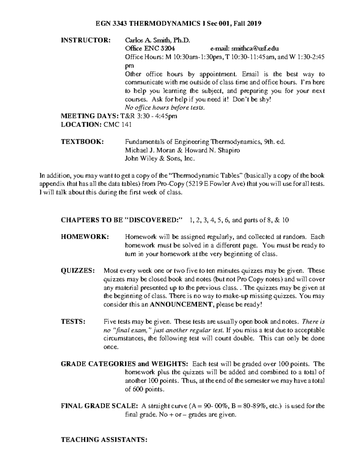 Syllabus Thermo F19-1 - EGN 3343 THERMODYNAMICS I Sec 001, Fall 2019 ...
