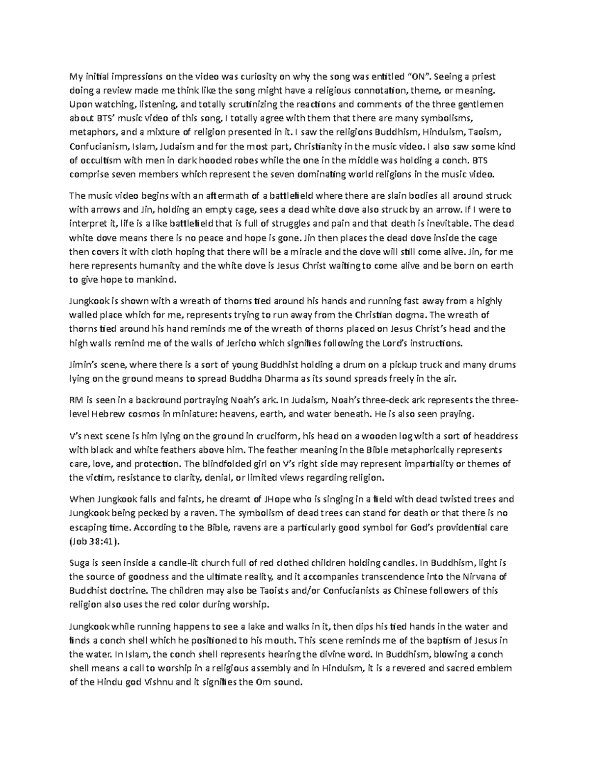 BTS ON Reflection Essay on Religion, Religious Experiences and ...