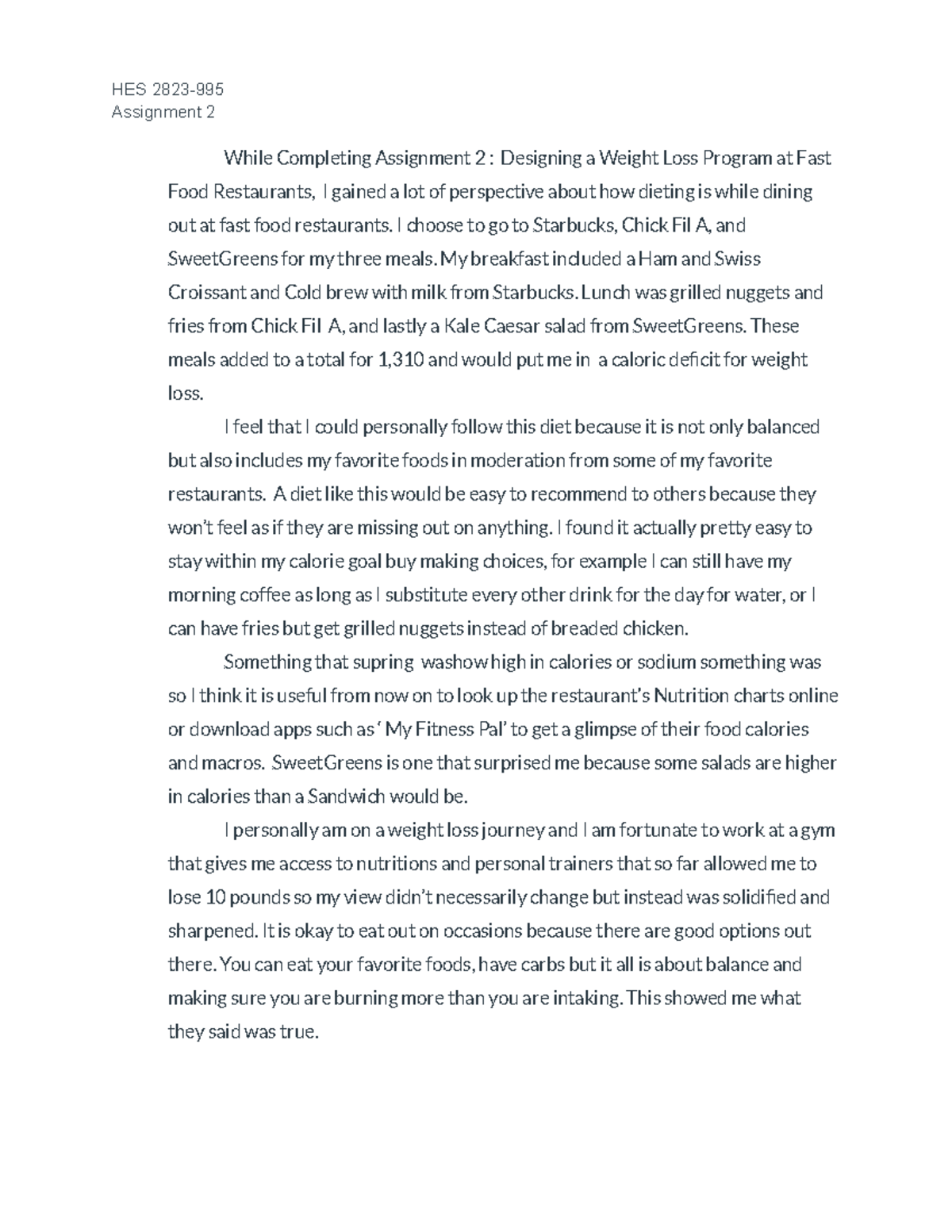 Fast food restaurant Assignment 2 report - HES 2823- Assignment 2 While ...