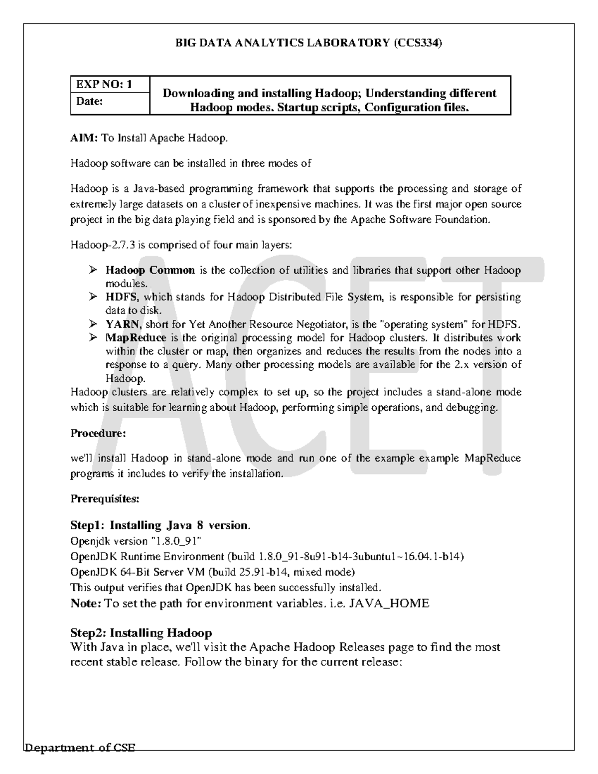 BDA Manual for student print - EXP NO: 1 Downloading and installing Hadoop; Understanding ...