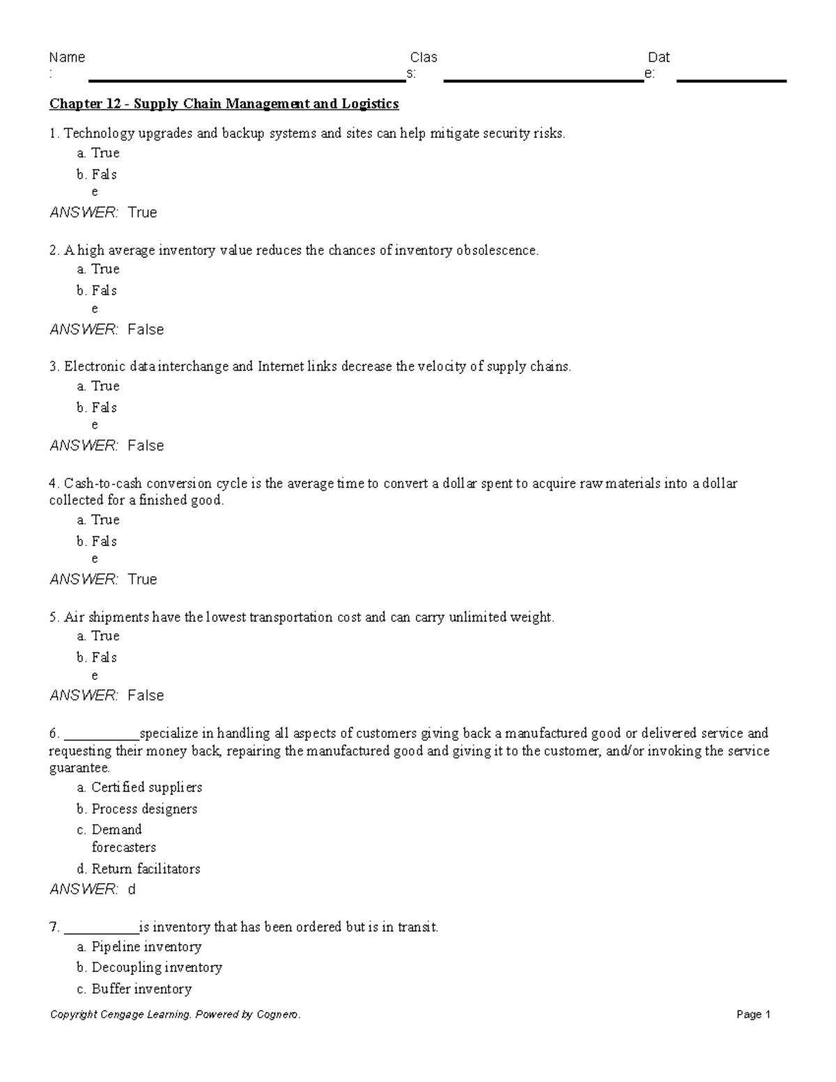 Chapter 12 Supply Chain Management and Logistics Test Bank - Chapter 12 ...