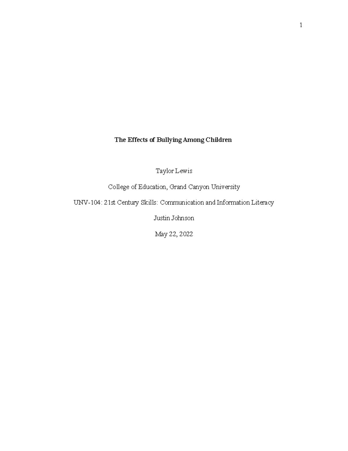 Bullying paper 104 draft - The Effects of Bullying Among Children ...