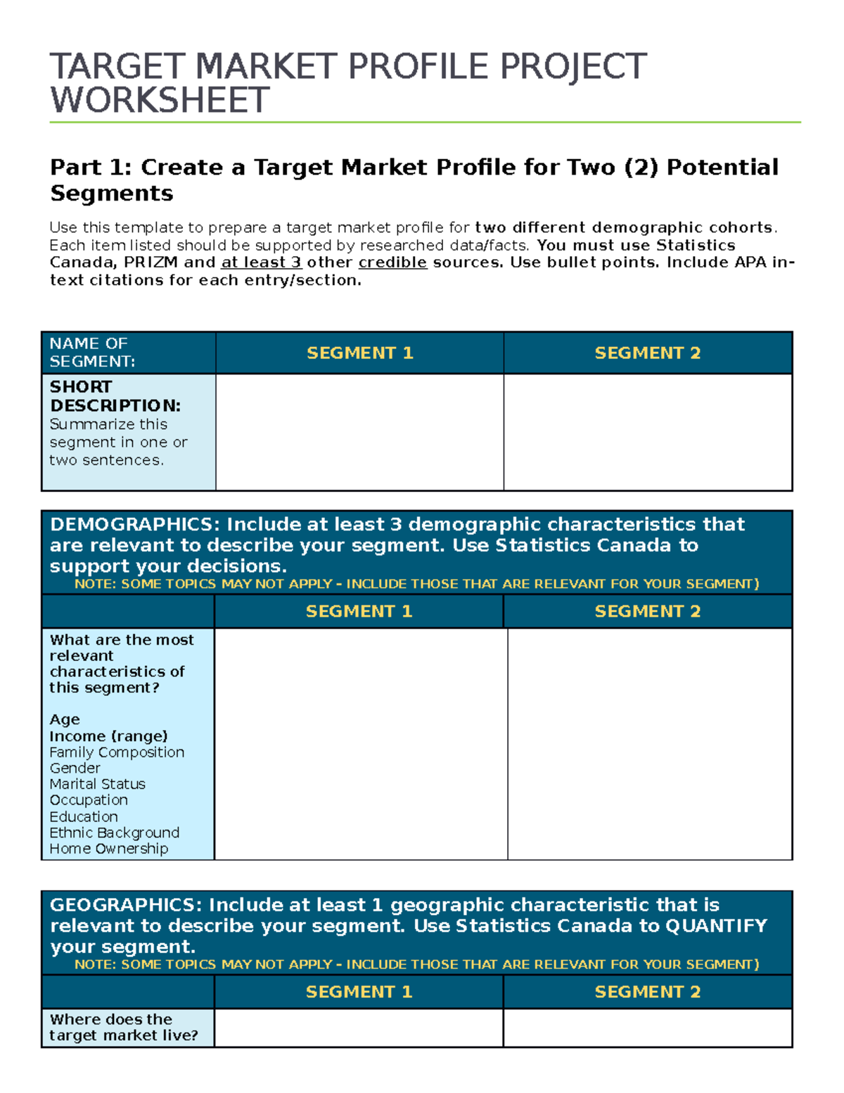 TMP Assignment Worksheet W22 - Section 3 - TARGET MARKET PROFILE ...