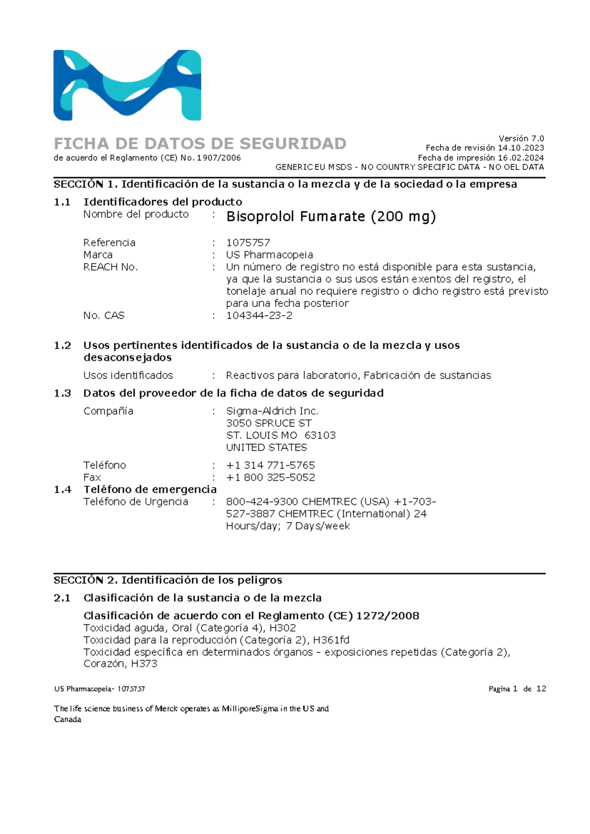 Bisoprolol - HOJA DE SEGURIDAD - US Pharmacopeia- 1075757 Pagina 1 de ...
