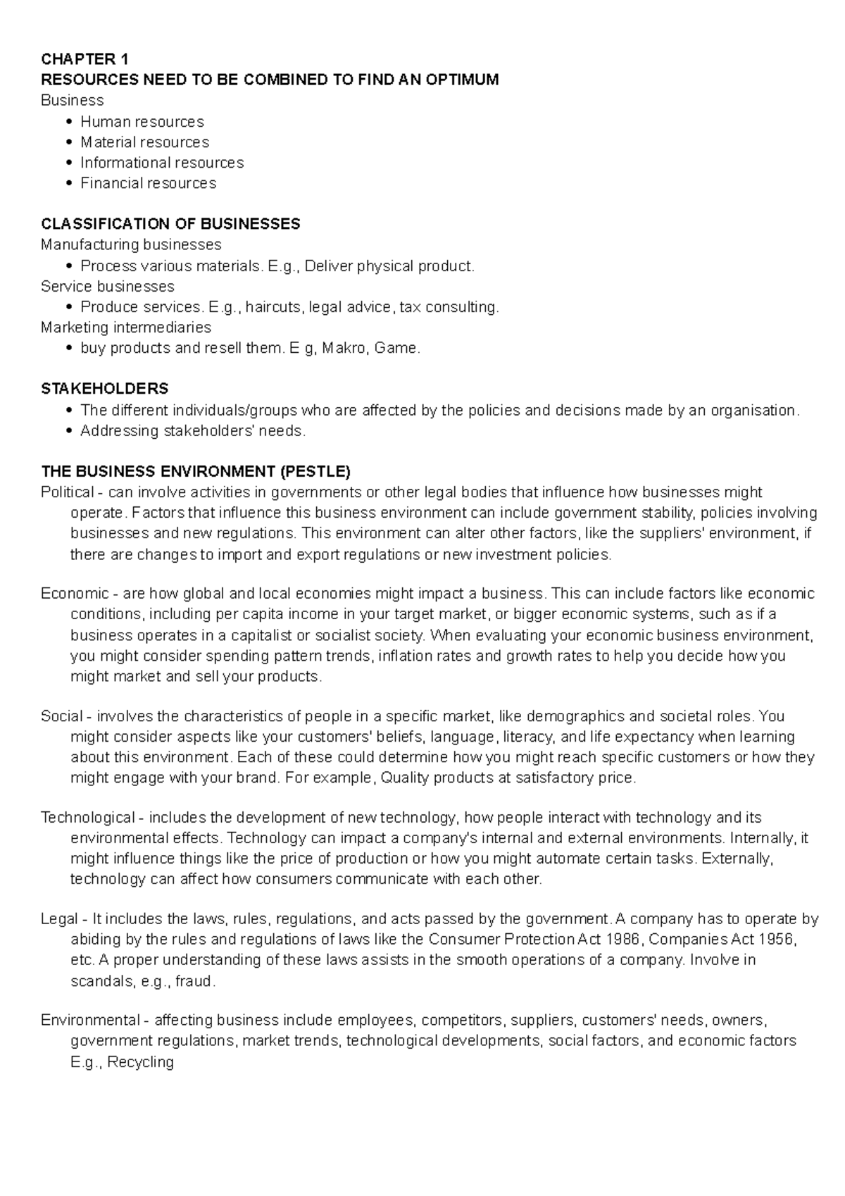 Summaries Of The Slides Handbook And Class Notes Chapter 1 Resources Need To Be Combined To