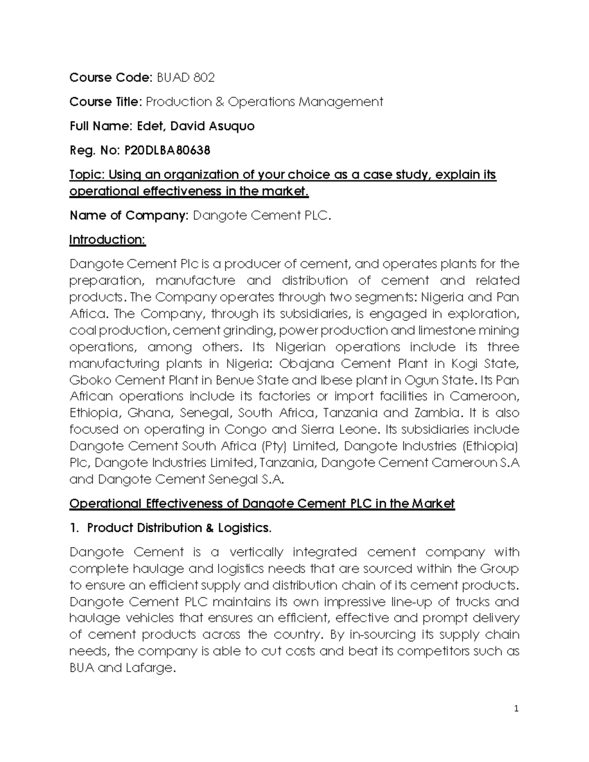 BUAD 802 Assignment - EDET, David Asuquo - 1 Course Code: BUAD 802 Course Title : Production ...