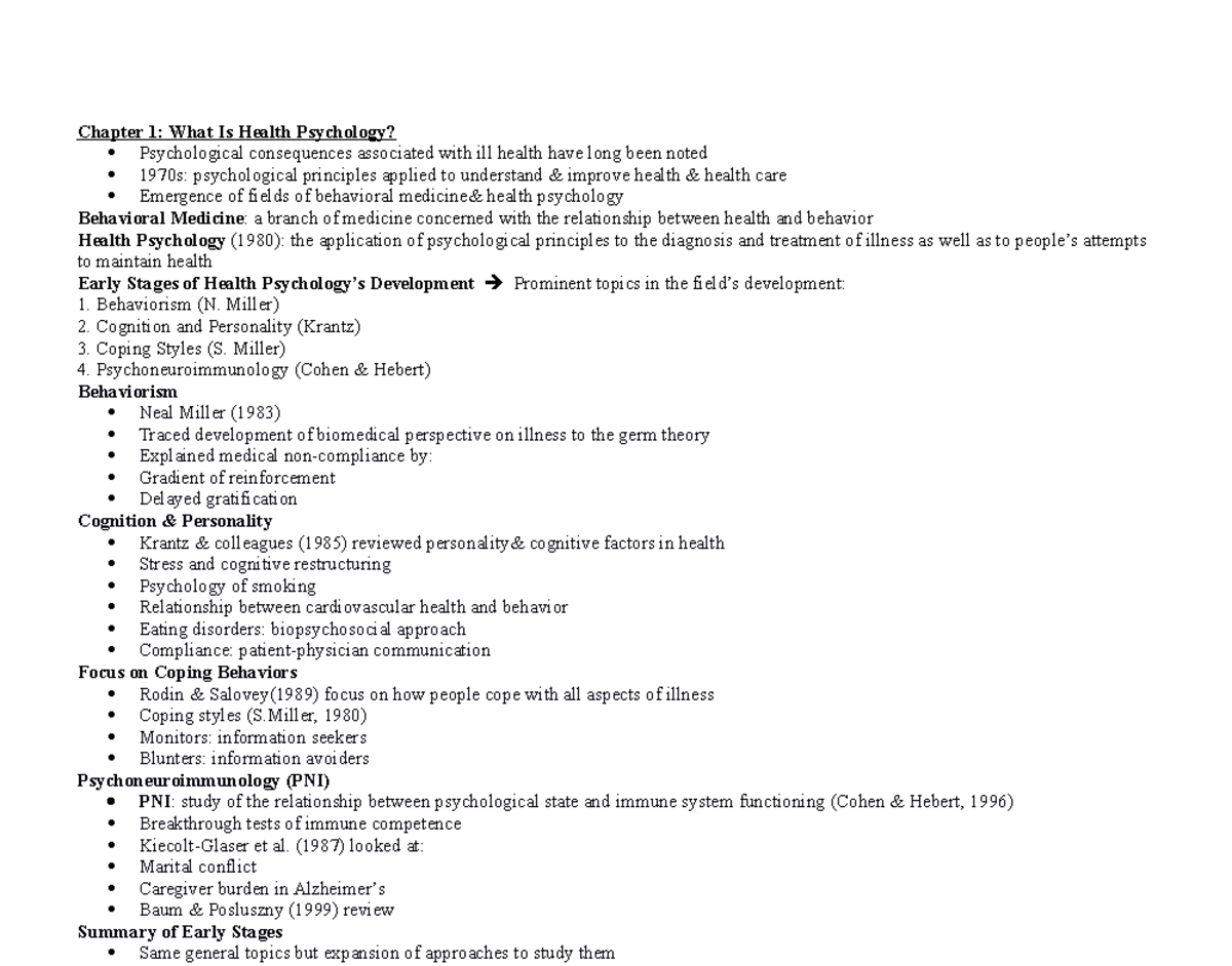 Psych 343 Midterm Prep - Chapter 1: What Is Health Psychology ...