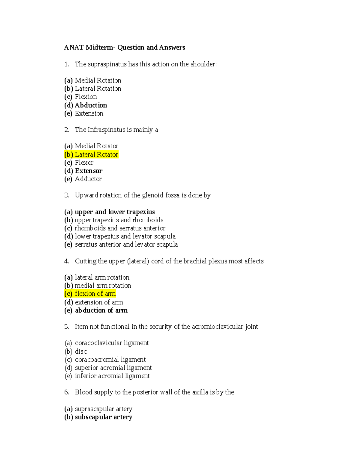 Anatomy Midterm Questions and Answers - ANAT Midterm- Question and Answers The supraspinatus has ...