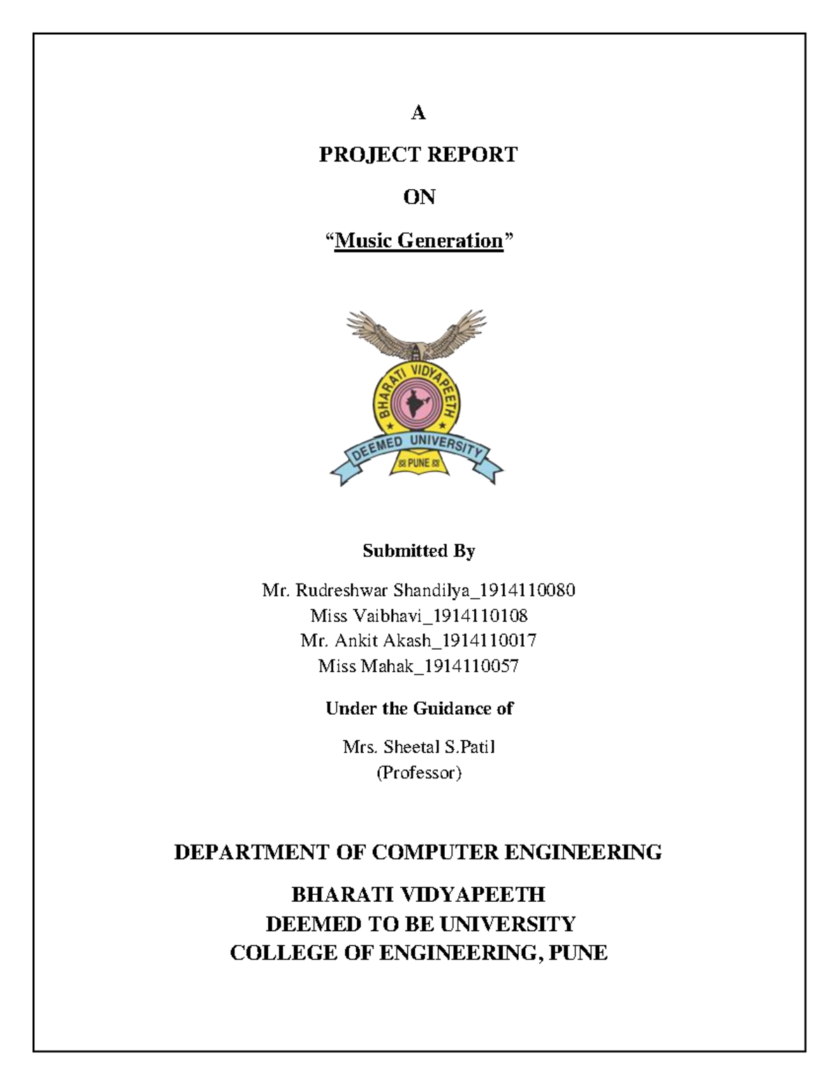 Project Report - A PROJECT REPORT ON “Music Generation” Submitted By Mr ...
