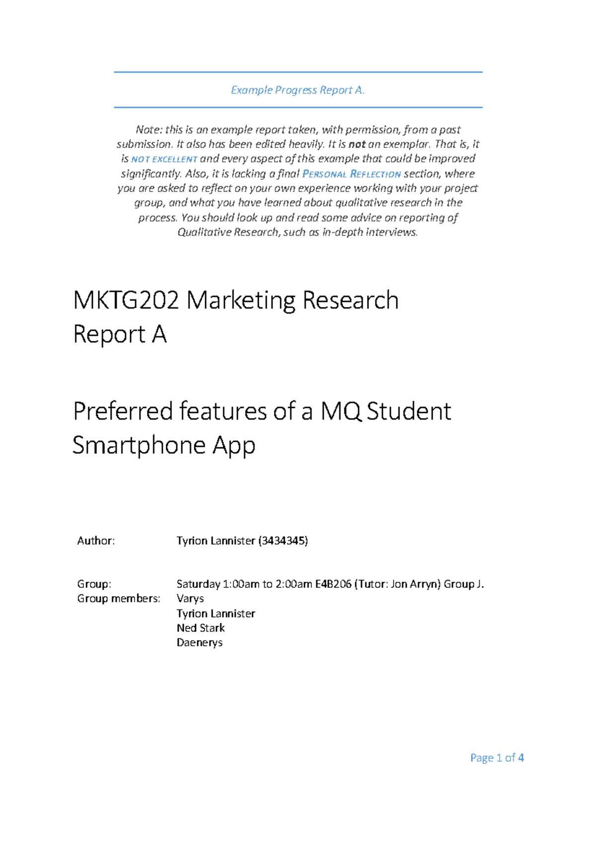Example Report A Smartphone App 2017 - Example Progress Report A. Note ...