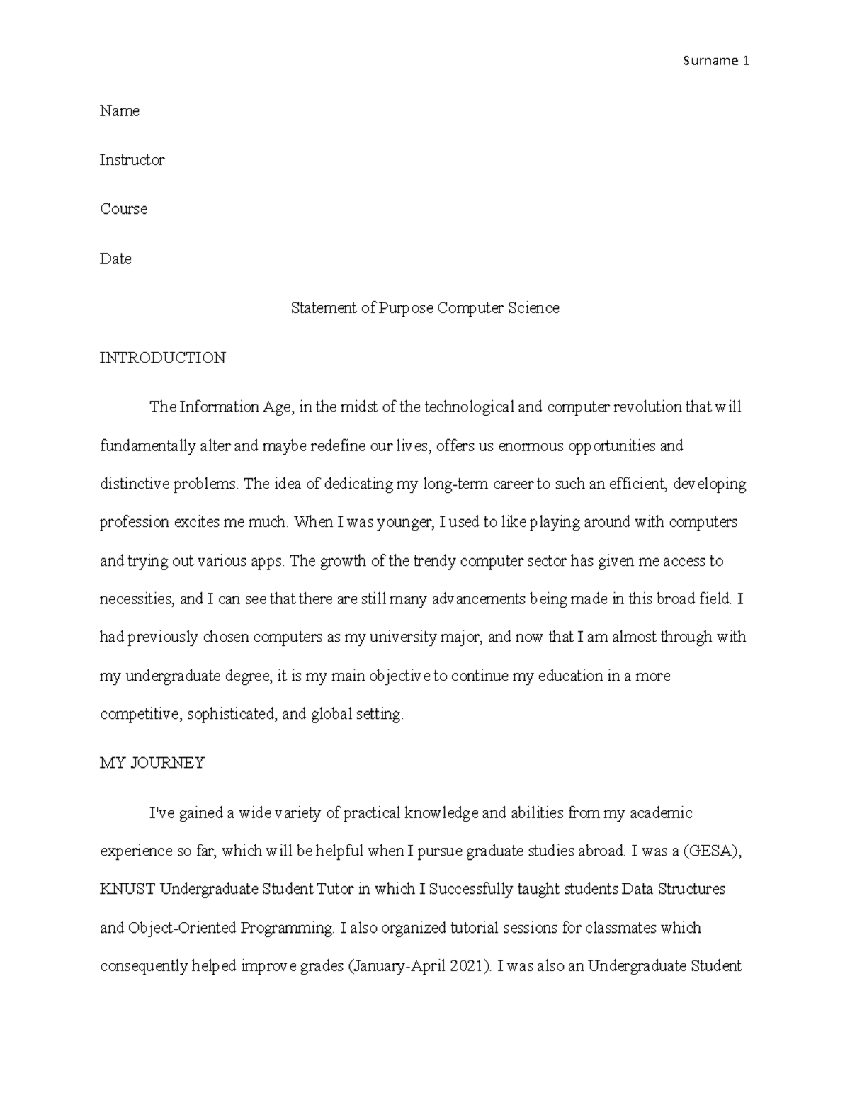 Statement of Purpose - Name Instructor Course Date Statement of Purpose ...