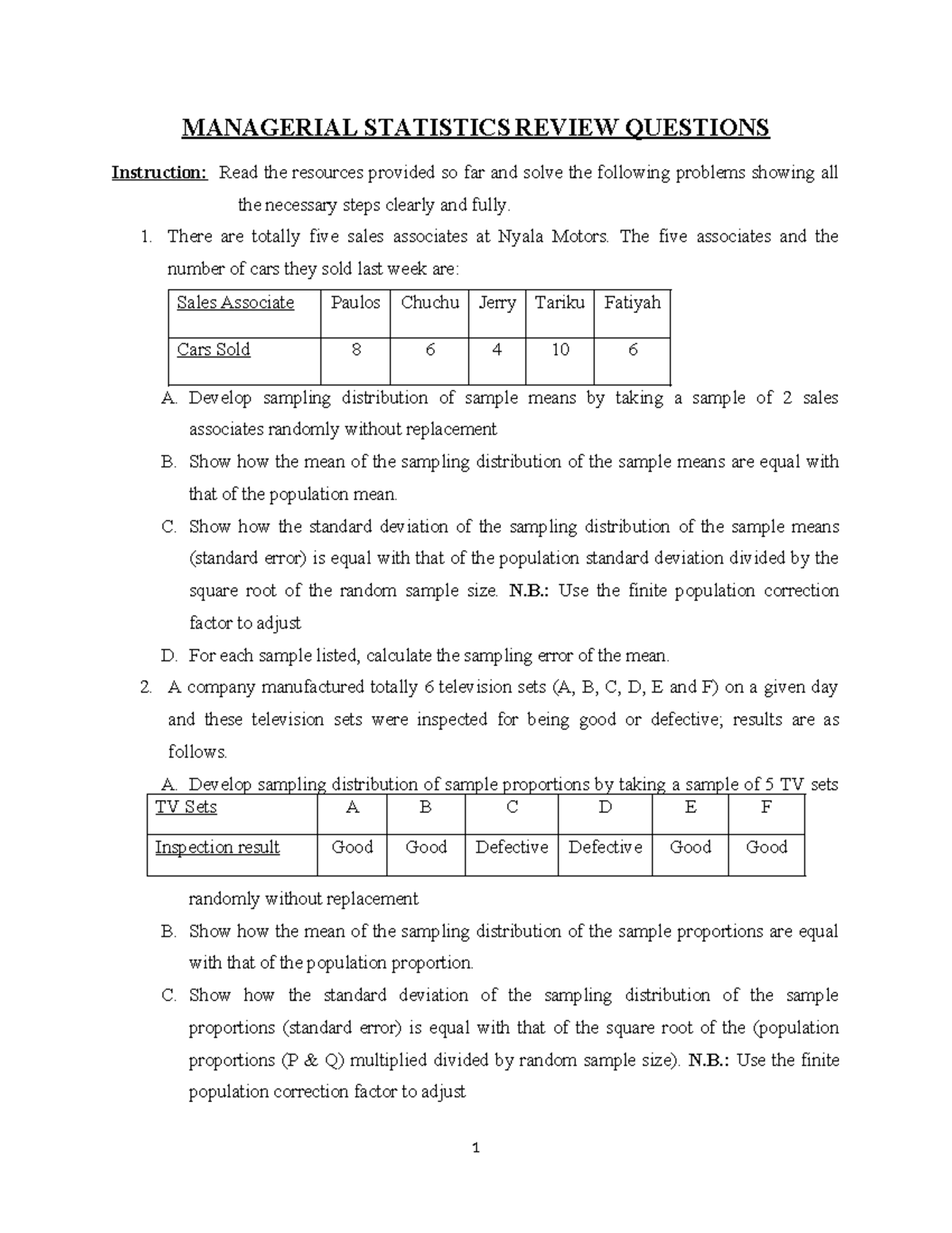 Managerial Statistics Review Questions - MANAGERIAL STATISTICS REVIEW ...