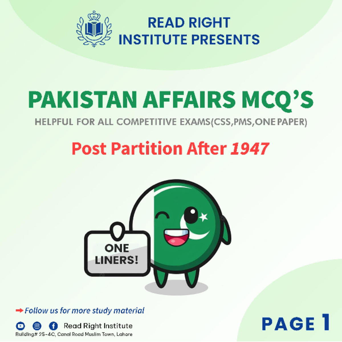 Post Partition Pak Affairs MCQs - READ RIGHT INSTITUTE PRESENTS ...