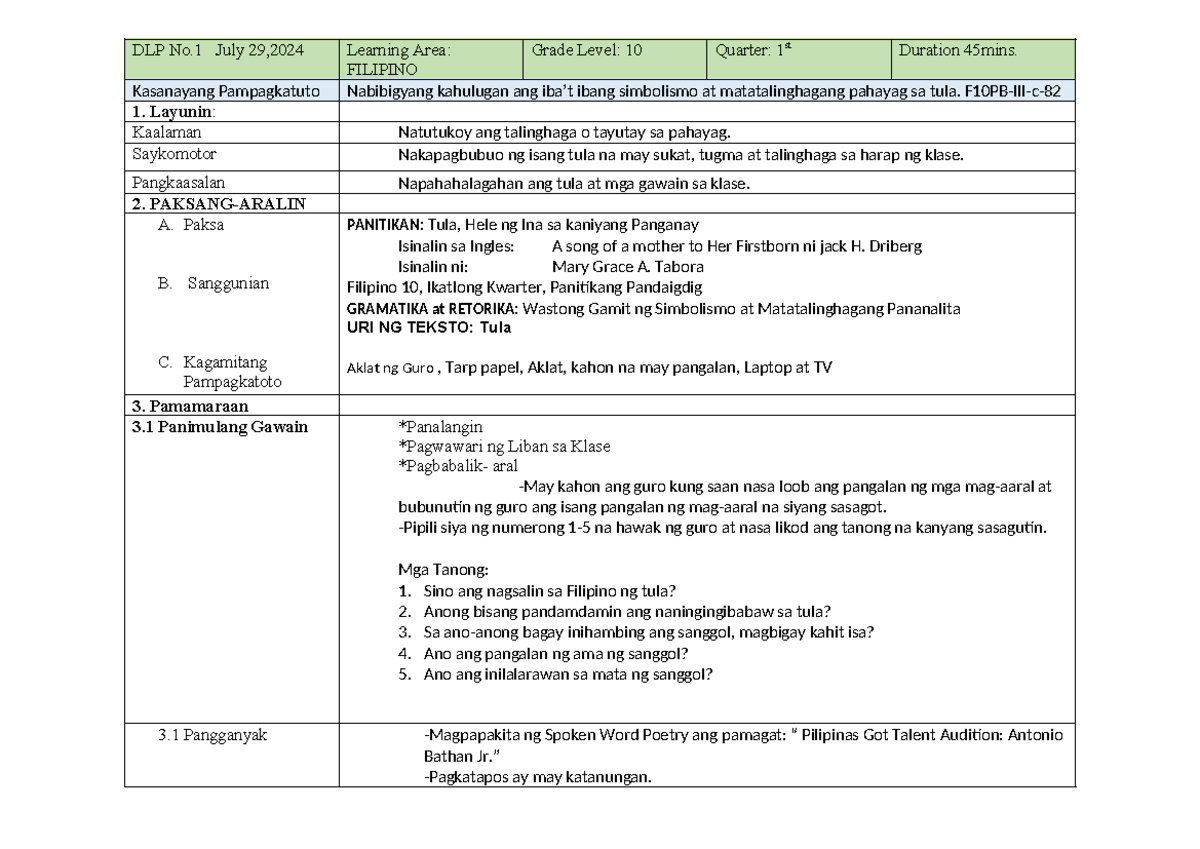 DLP for edit.....sample for sy 2024-2025 - DLP No July 29,2024 Learning ...