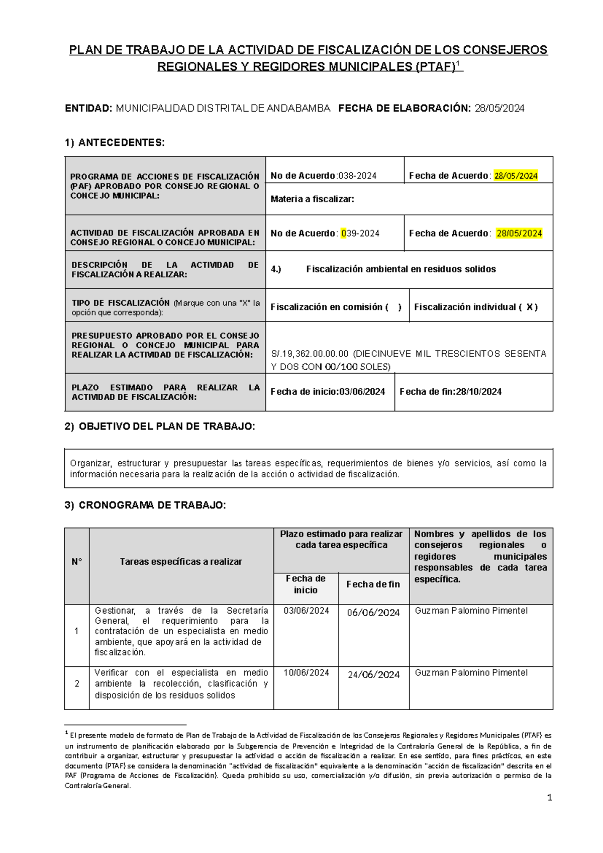 Ptaf 004 - Trabajos de fiscalización - PLAN DE TRABAJO DE LA ACTIVIDAD ...
