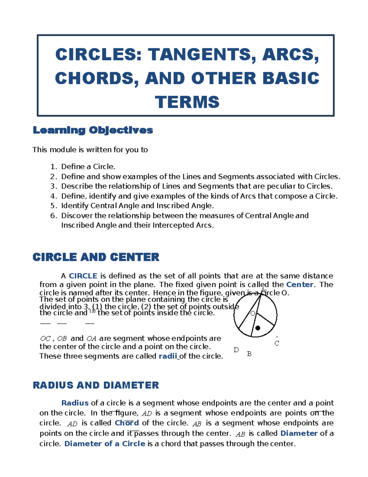 Circle, Arcs, Tangents and Other Basic Terms - CIRCLES: TANGENTS, ARCS ...