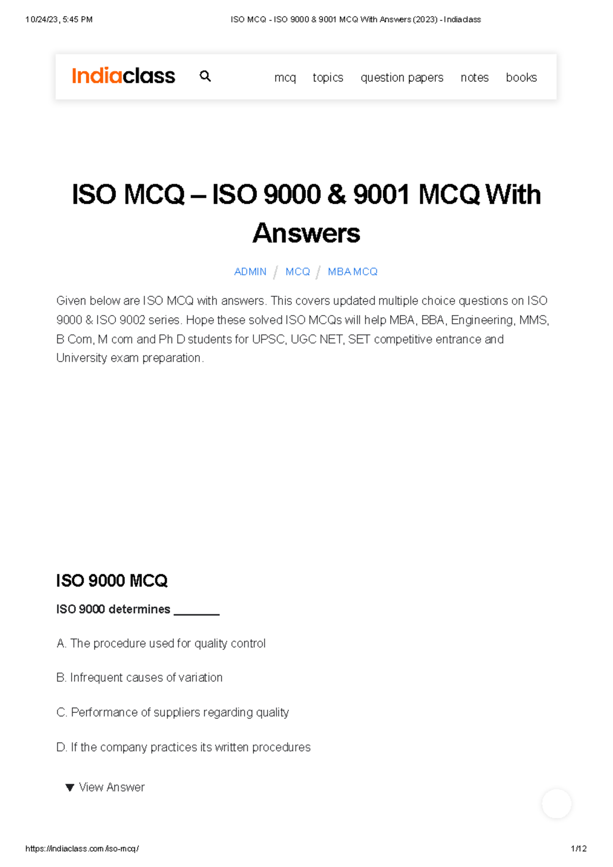 ISO MCQ - ISO 9000 & 9001 MCQ With Answers (2023) - Indiaclass - ISO MCQ – ISO 9000 & 9001 MCQ ...