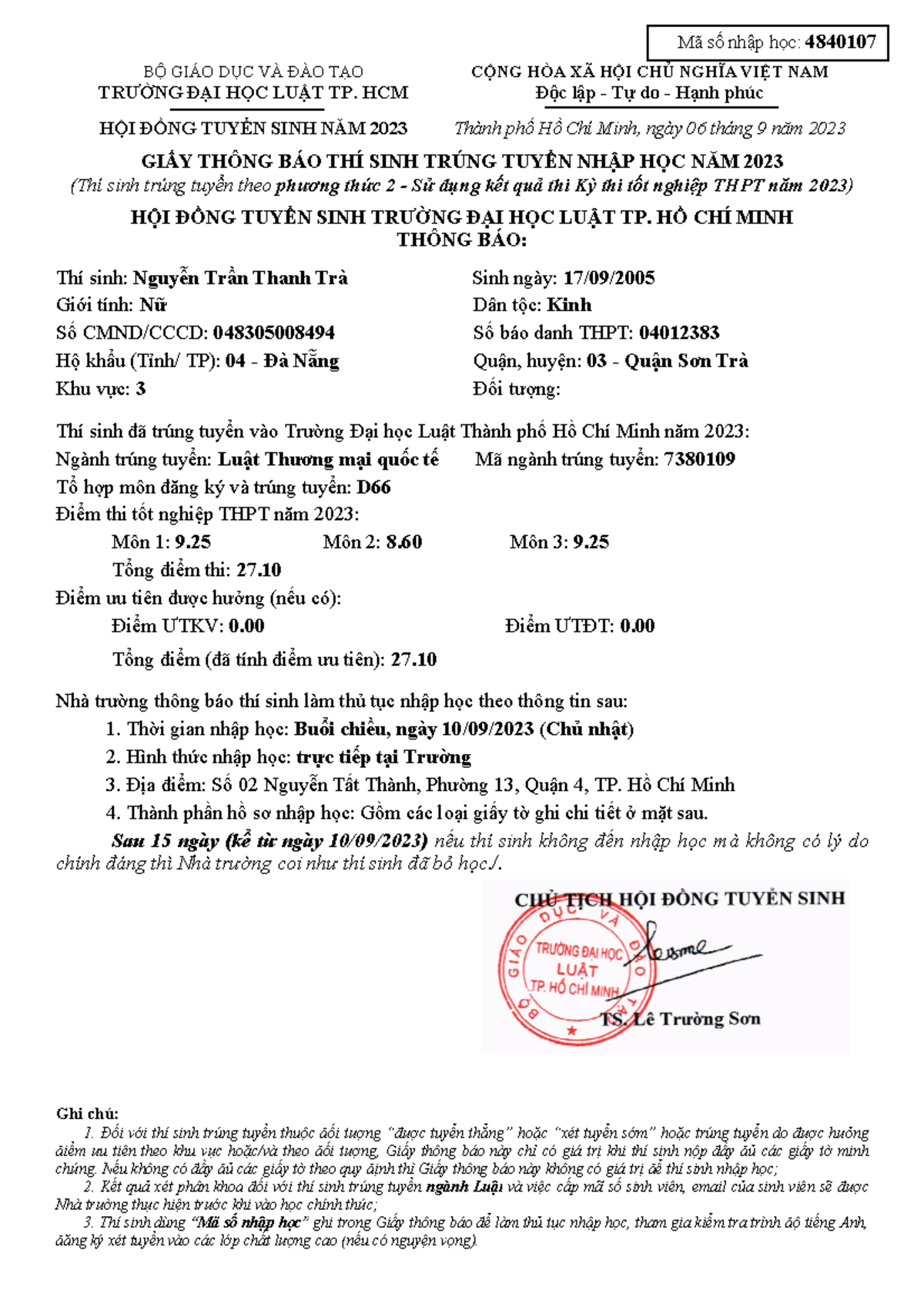 Giay Bao Nhap Hoc THPT 4840107 - Ghi chú: 1. Đố i với thí sinh trúng ...