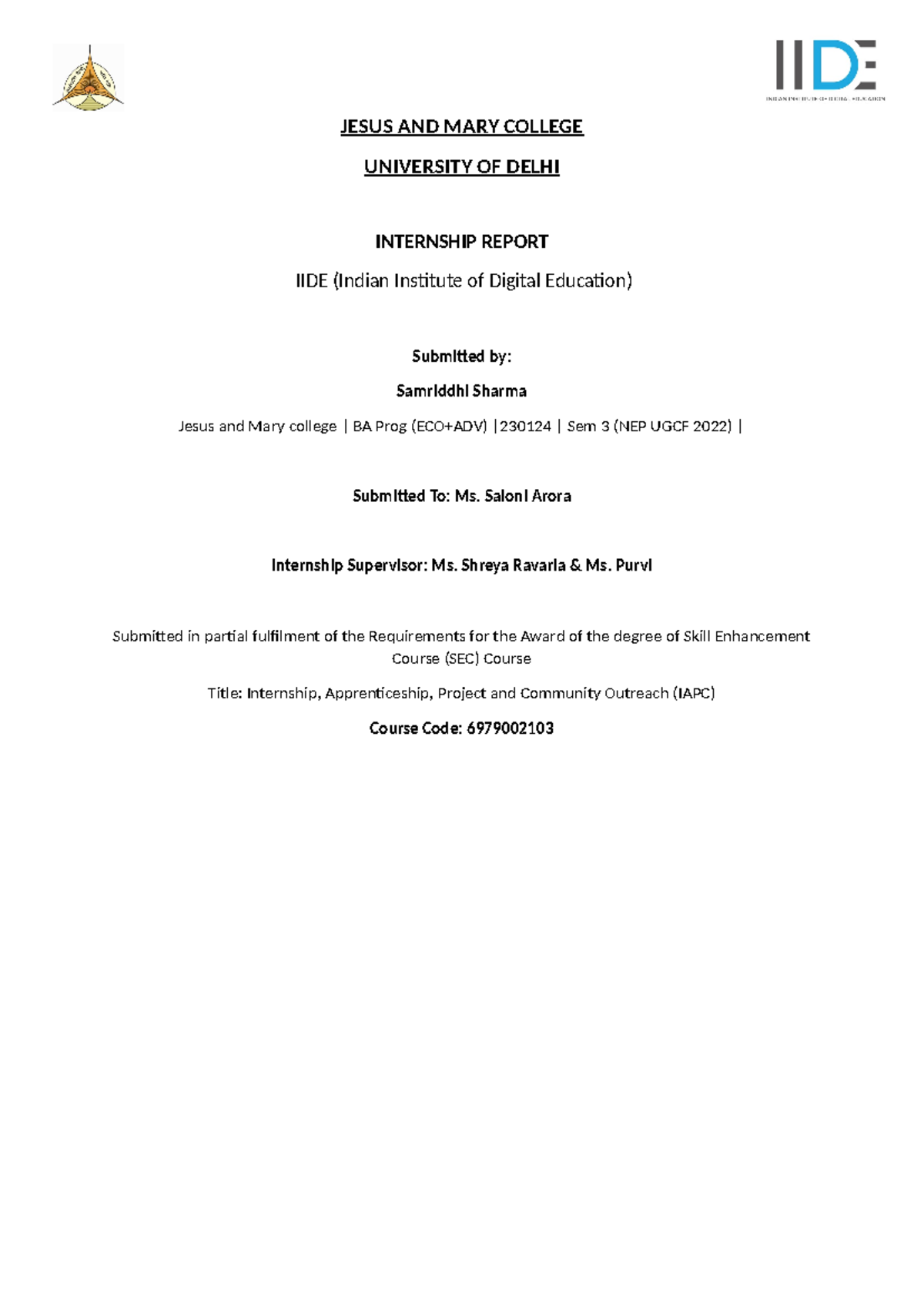 Intenship - Internship - JESUS AND MARY COLLEGE UNIVERSITY OF DELHI ...