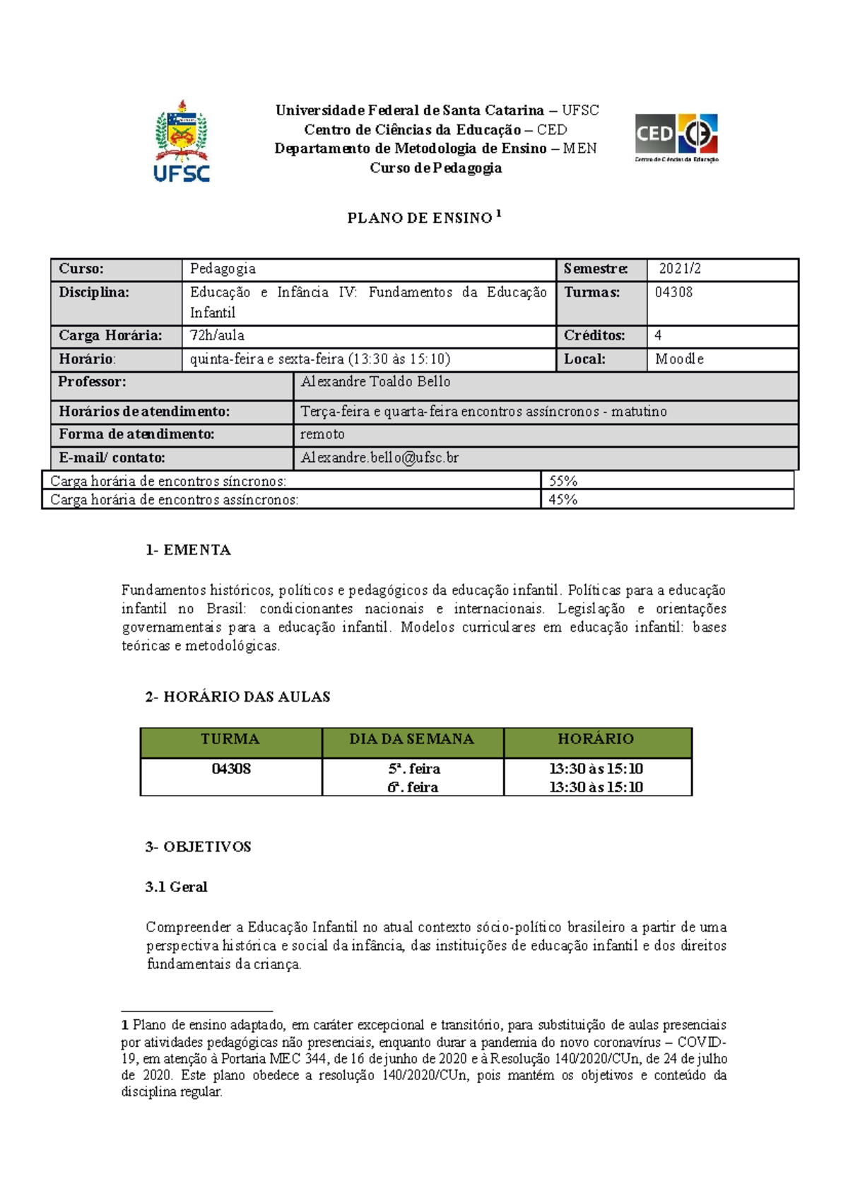 Plano de Ensino - AASDE - Universidade Federal de Santa Catarina – UFSC ...