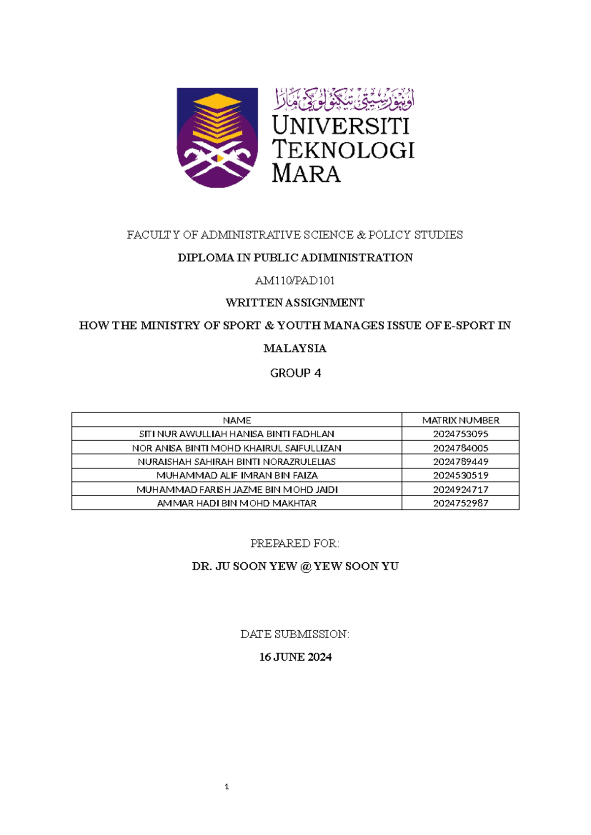 PAD101 Writting Assignment GP4 AM110 1C docx - FACULTY OF ...