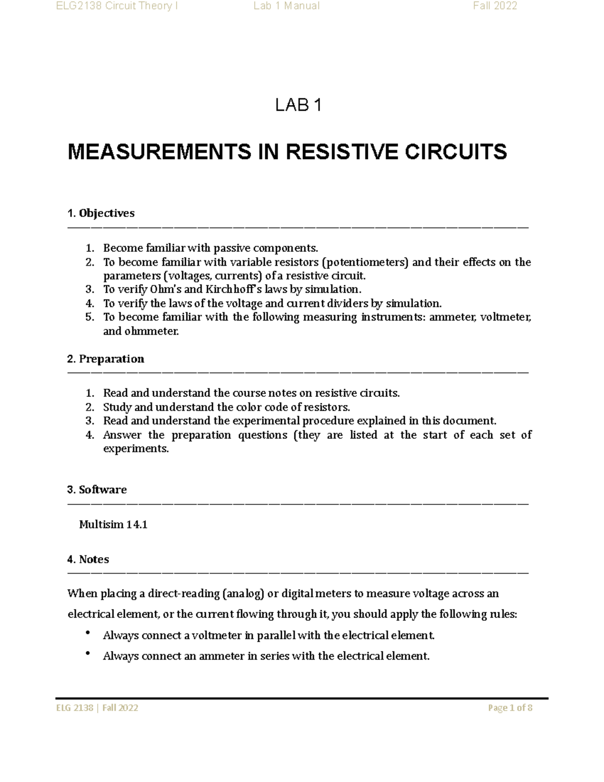 Lab 1 Manual-ELG 2138-F2022 - LAB 1 MEASUREMENTS IN RESISTIVE CIRCUITS 1. Objectives - Studocu
