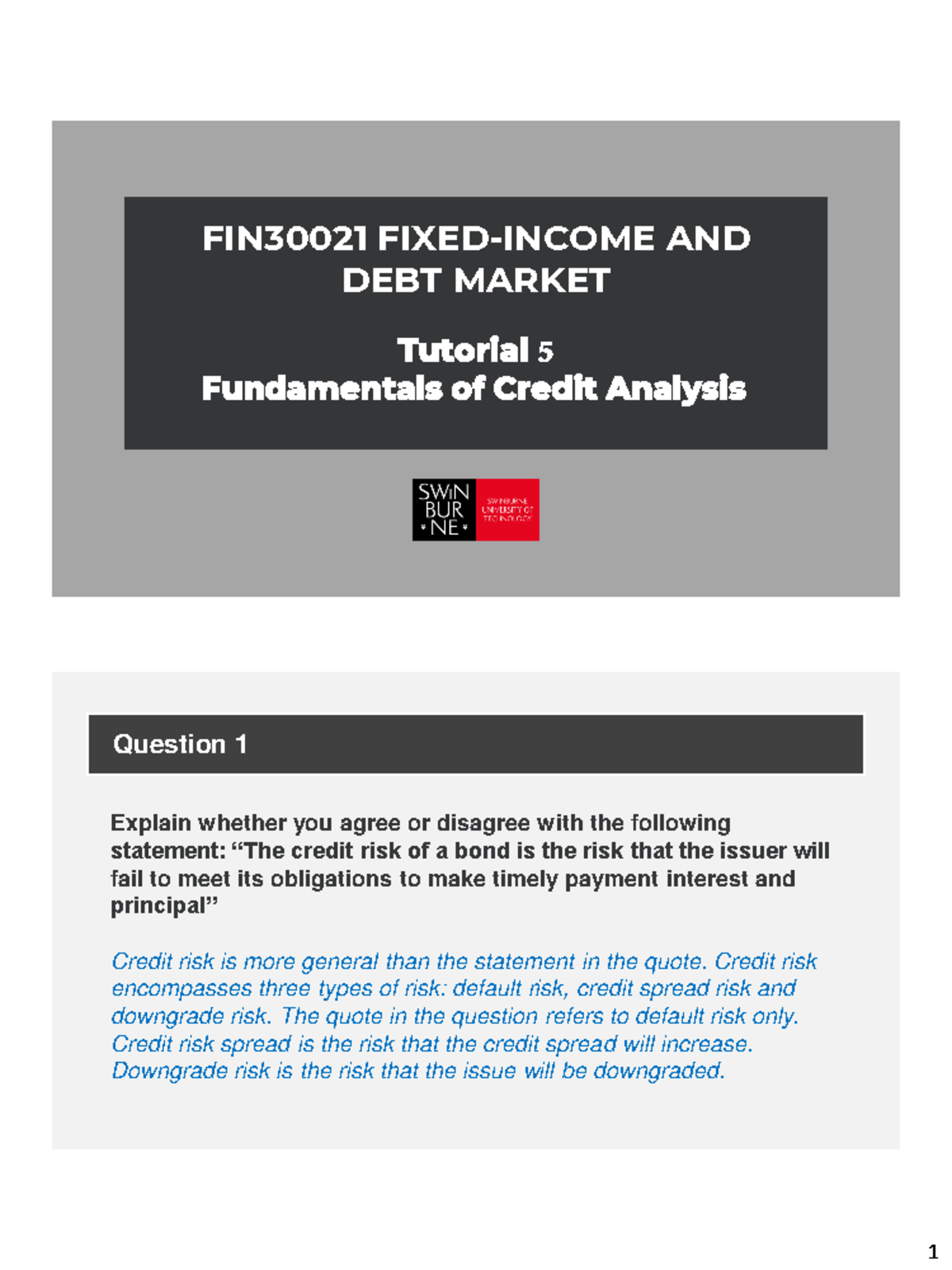 FIDM Tutorial 5 Solution - FIN30021 FIXED-INCOME AND DEBT MARKET ...