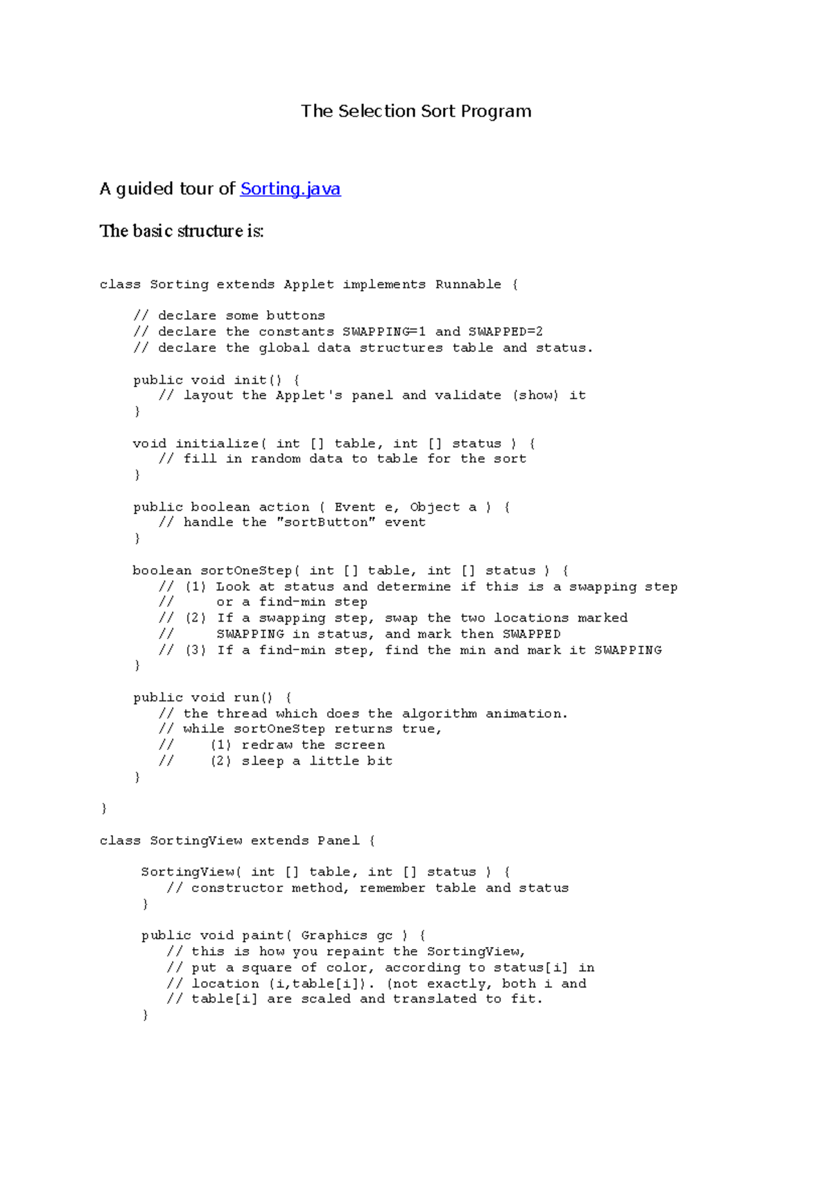A guided tour of Sorting - The Selection Sort Program A guided tour of ...